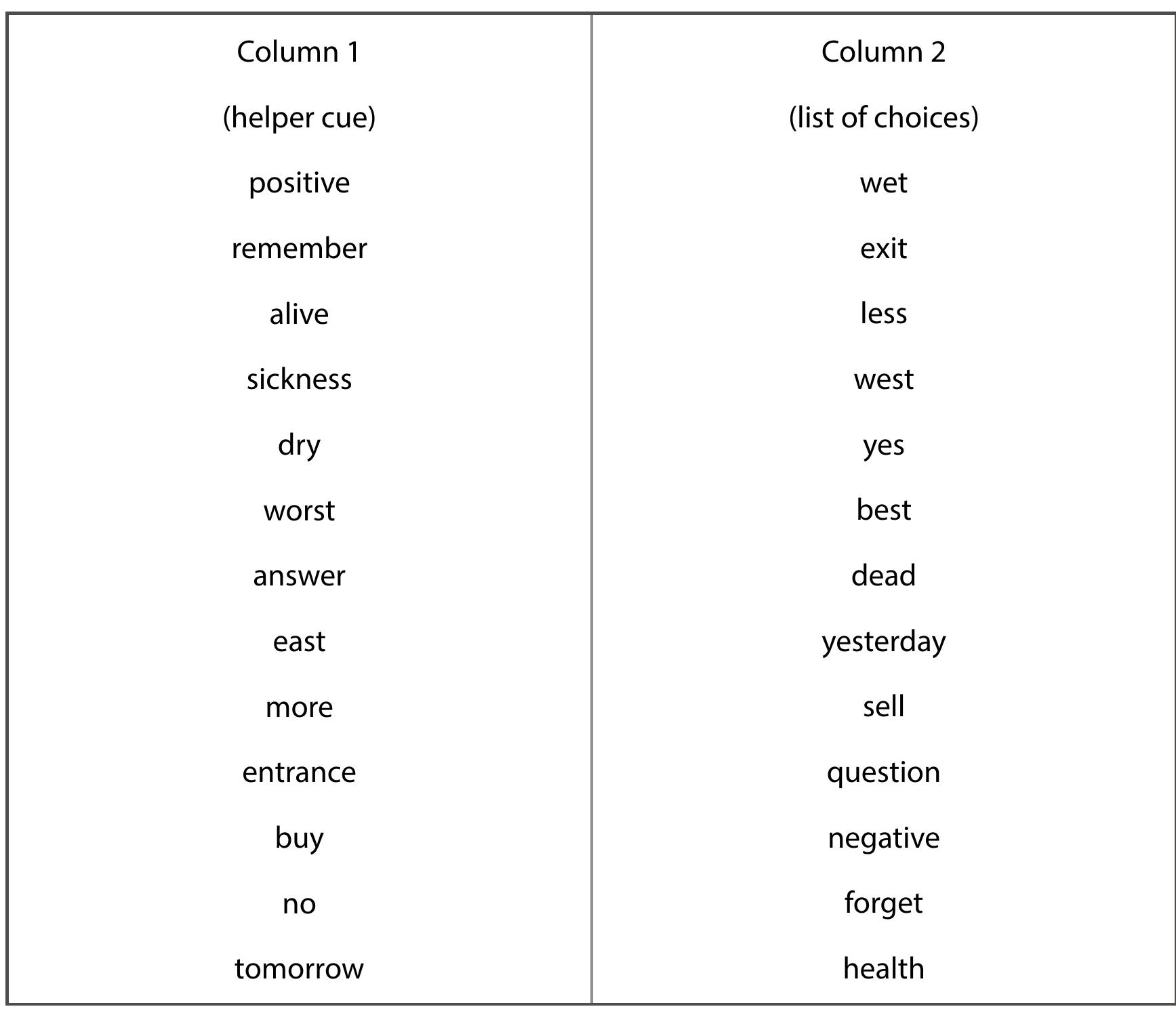 Group 1 matching: opposites. (target consonant / e/. find a