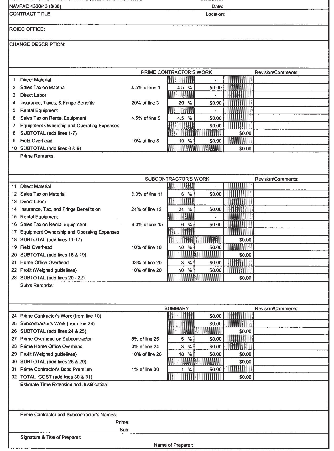 26 sample navfac form 4330/43: estimate for change orders.