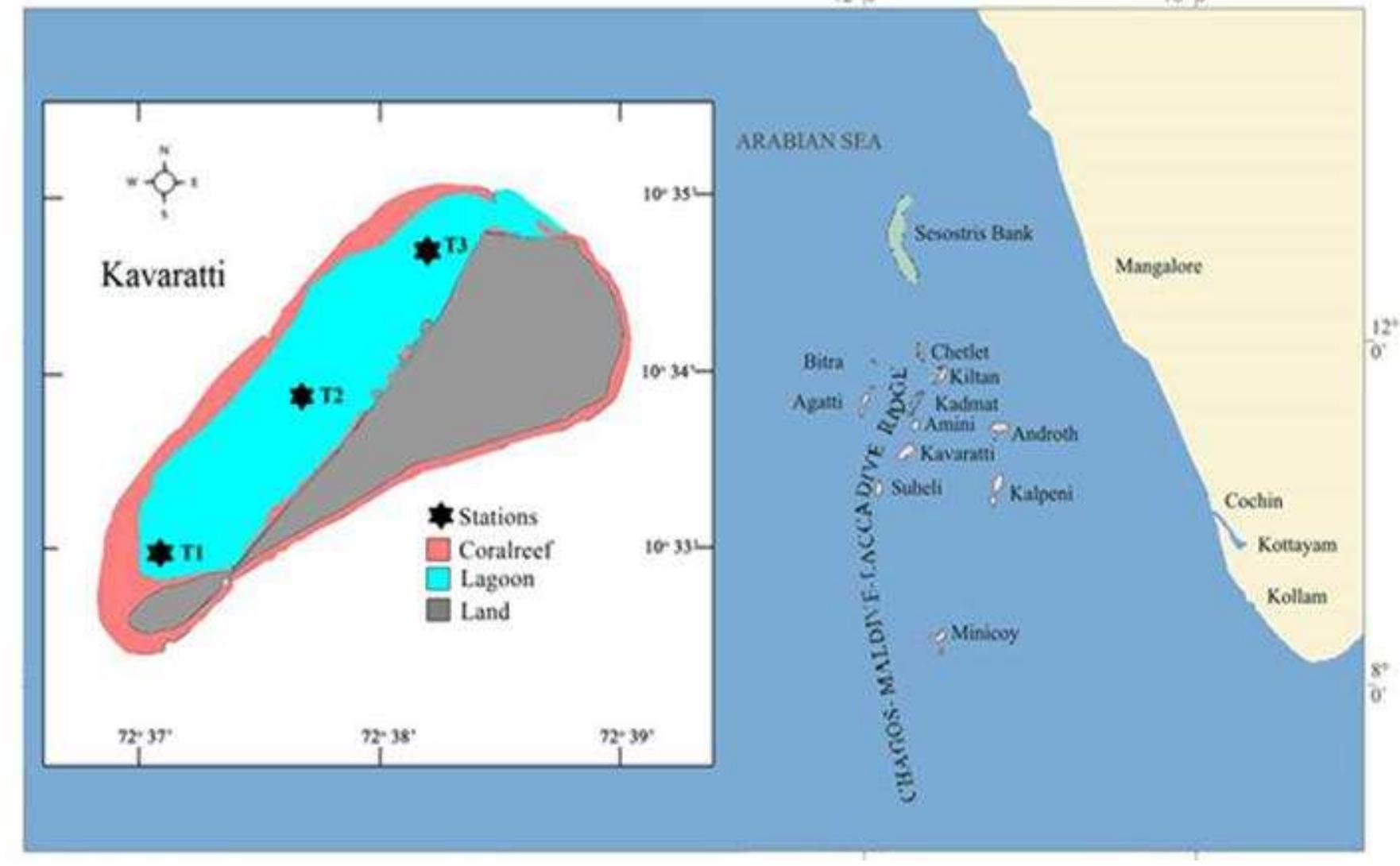Map showing the sampling stations at kavaratti atoll, union