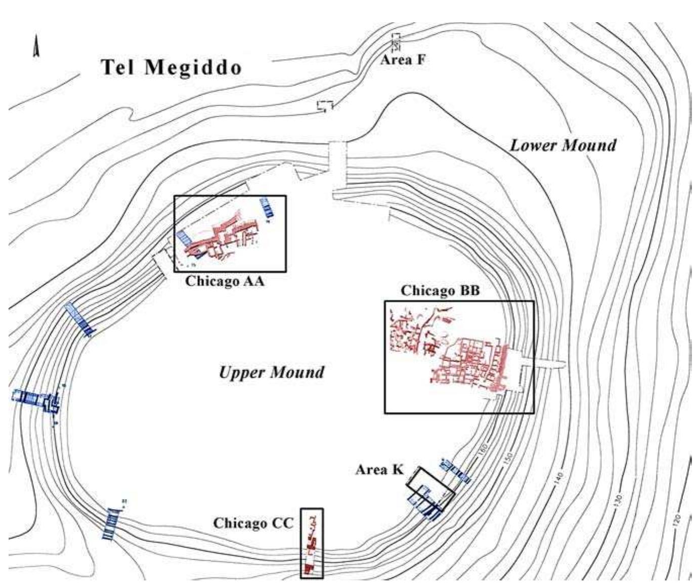 Topographic map of tel megiddo showing areas of excavated mb