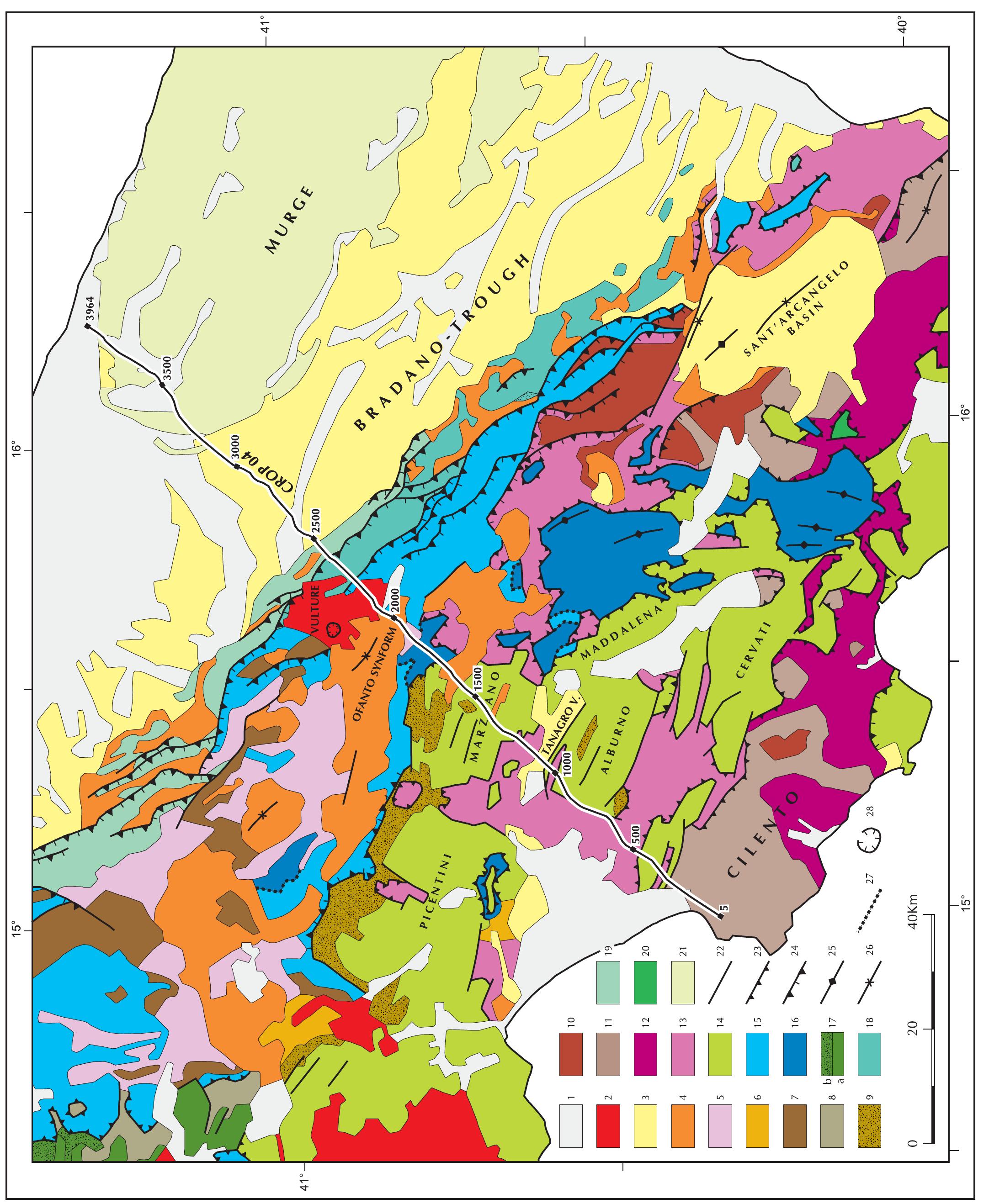 Figure 1 - Geological interpretation of the CROP-04 seismic