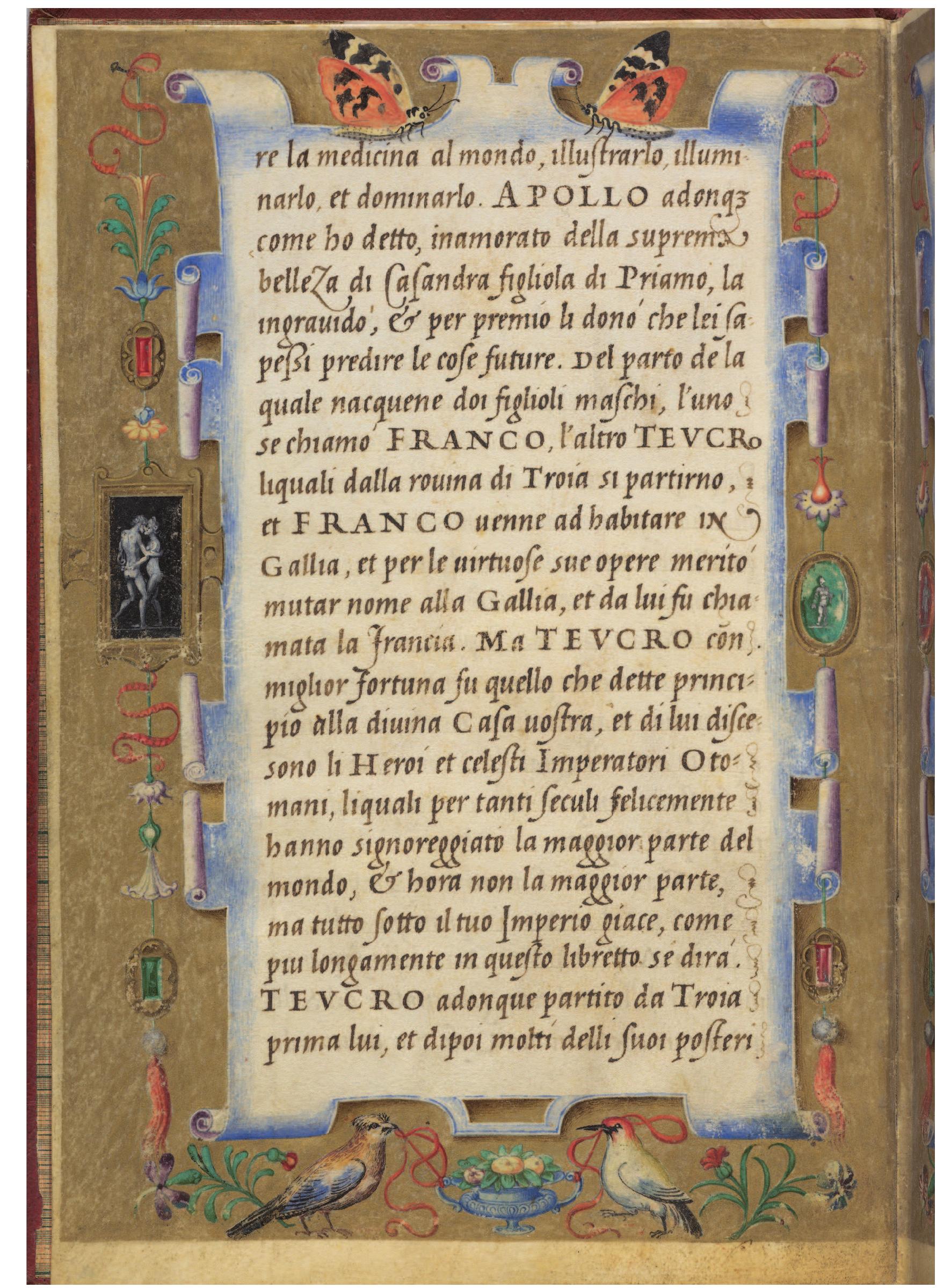 Folio 1v: the greek god apollo and cassandra depicted in an