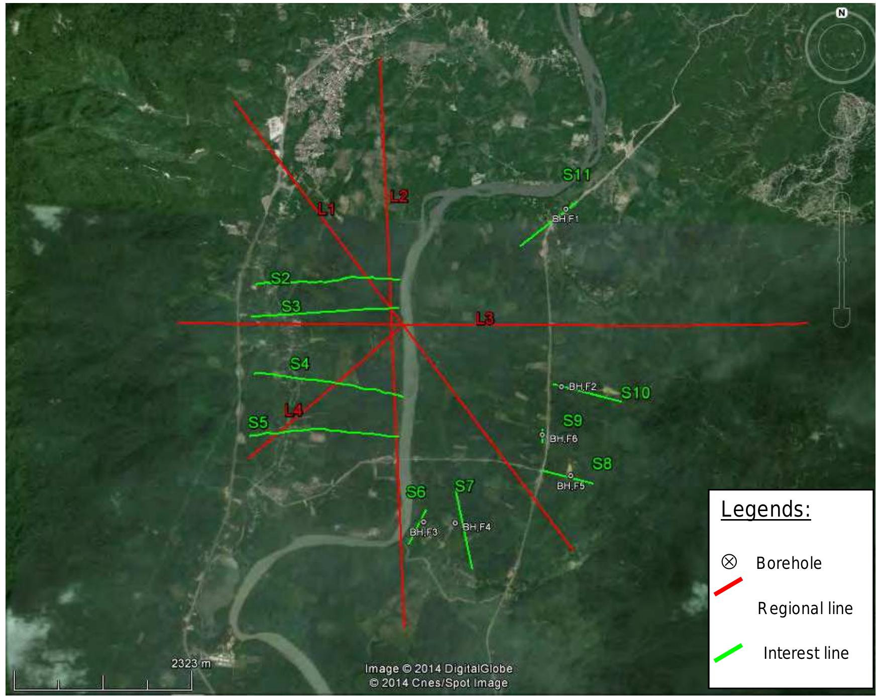 Seismic refraction survey lines at bukit bunuh, lenggong,