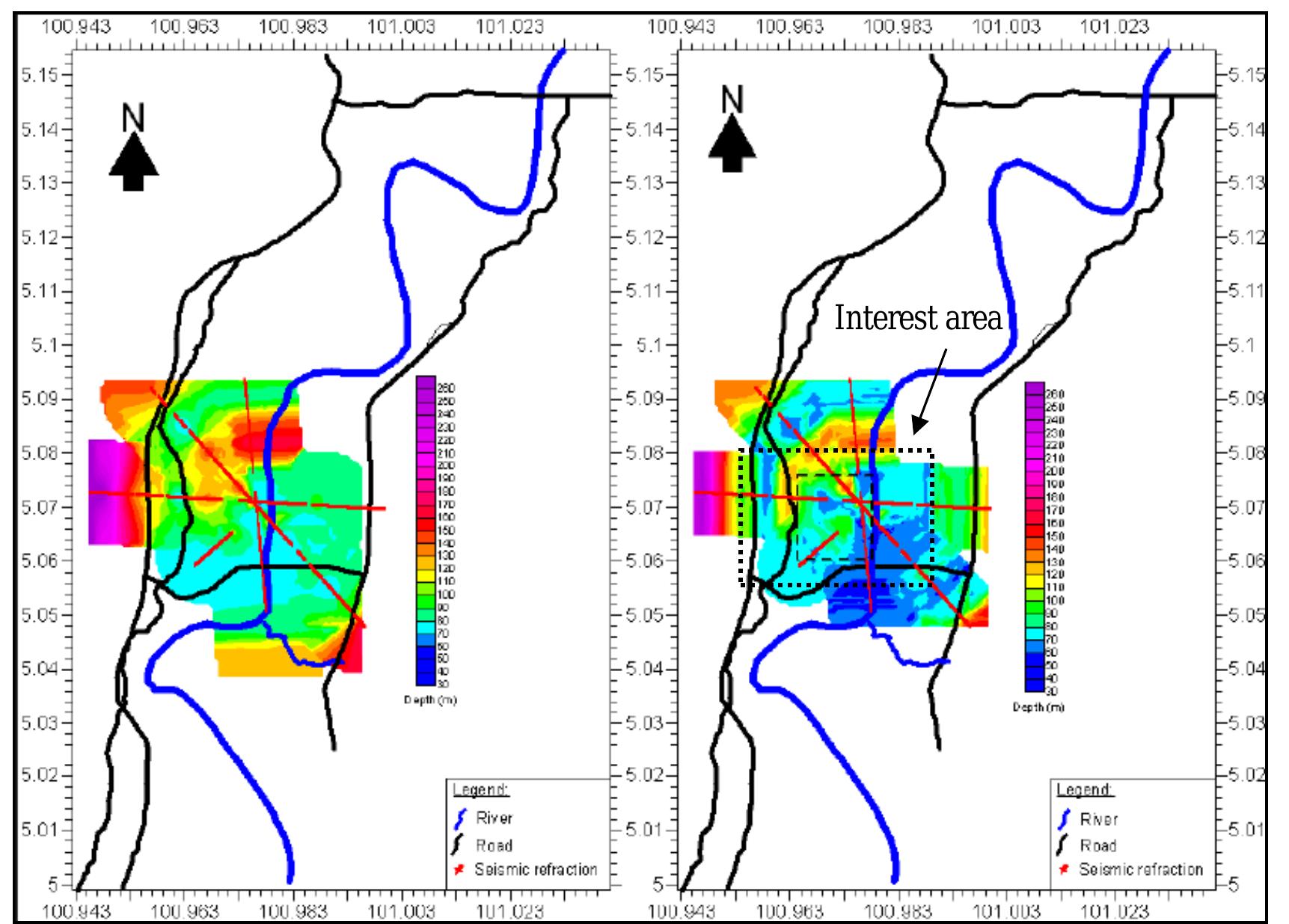 Seismic topography contour map; (a) ground surface, (b)