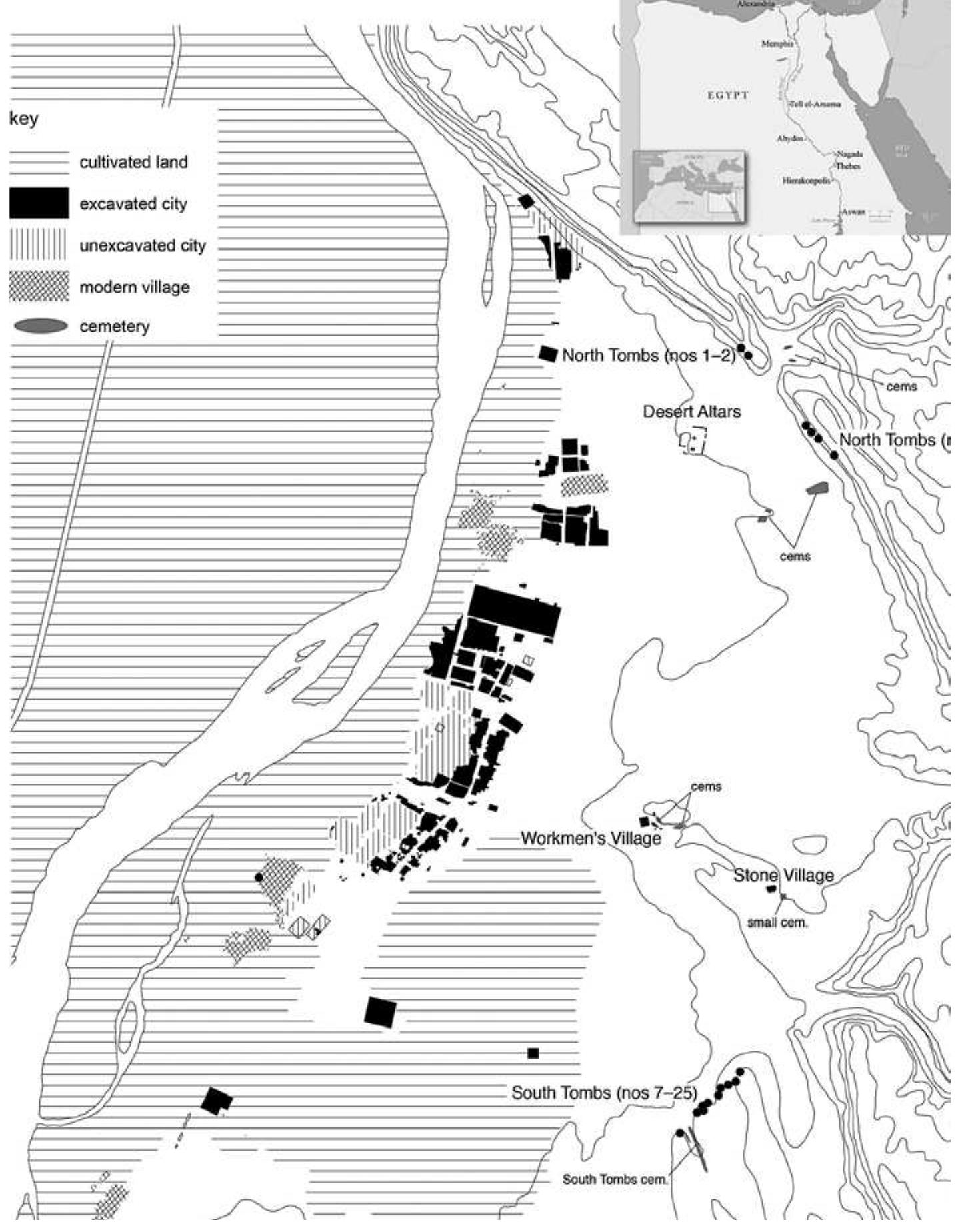 Map of amarna with inset showing the location within egypt