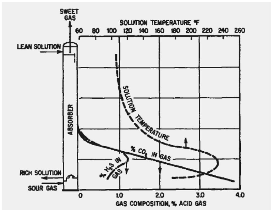 A typical temperature profiles for an absorber (glycol-amine