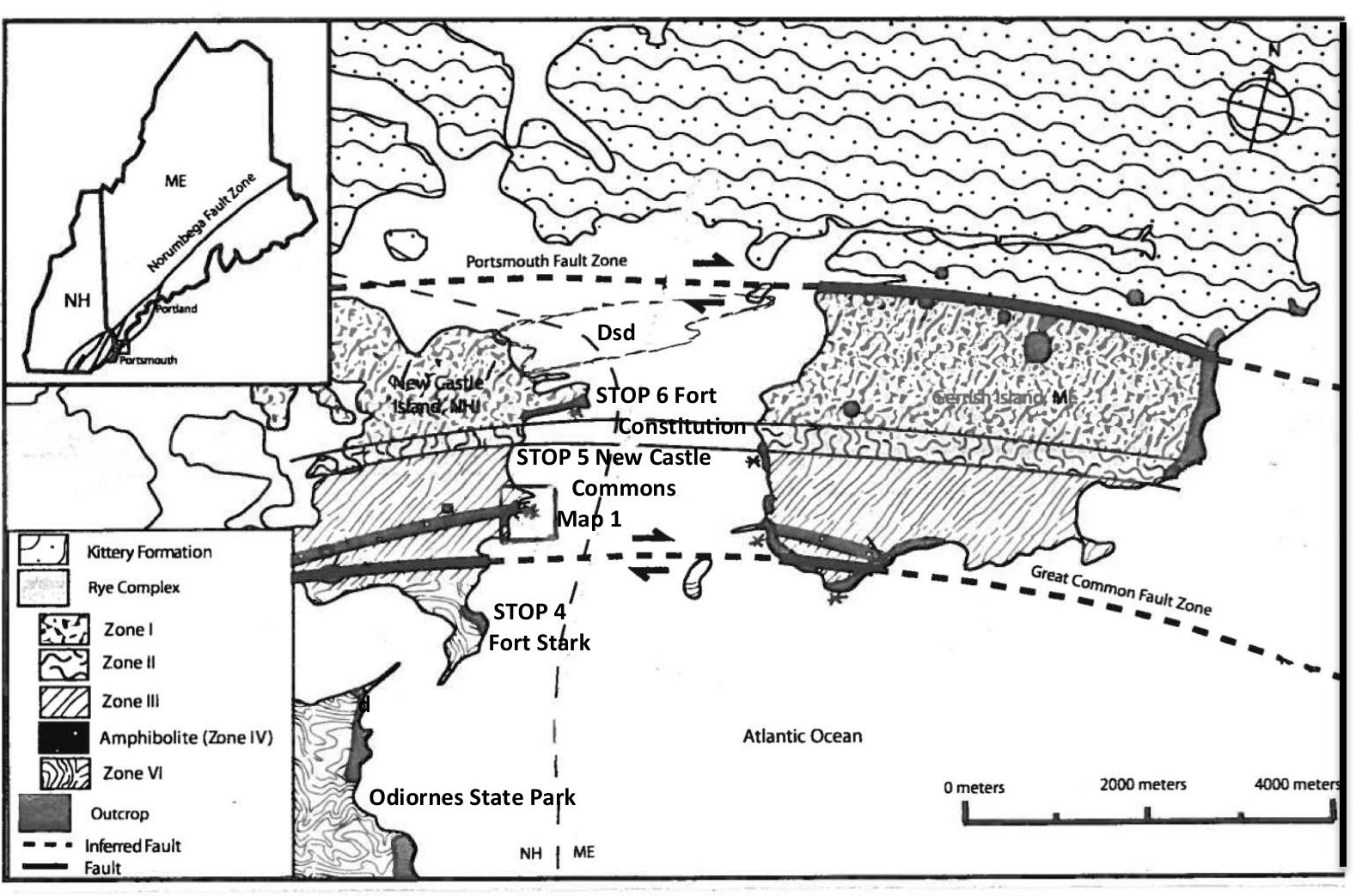 Locations of stops 4, 5 and 6 on generalized geologic map of