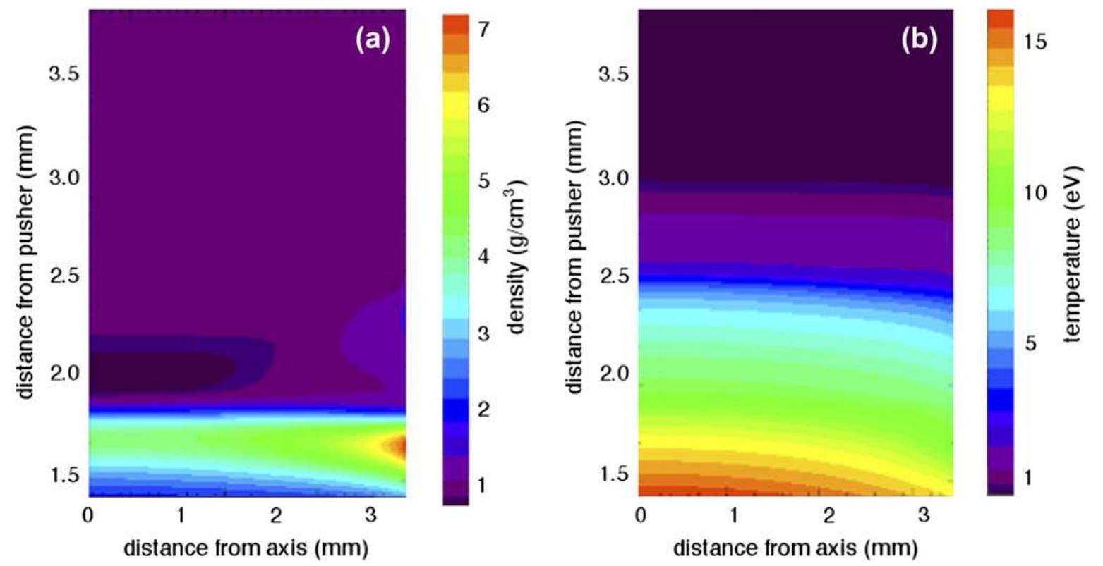 Half section of density (a) and temperature (b) maps