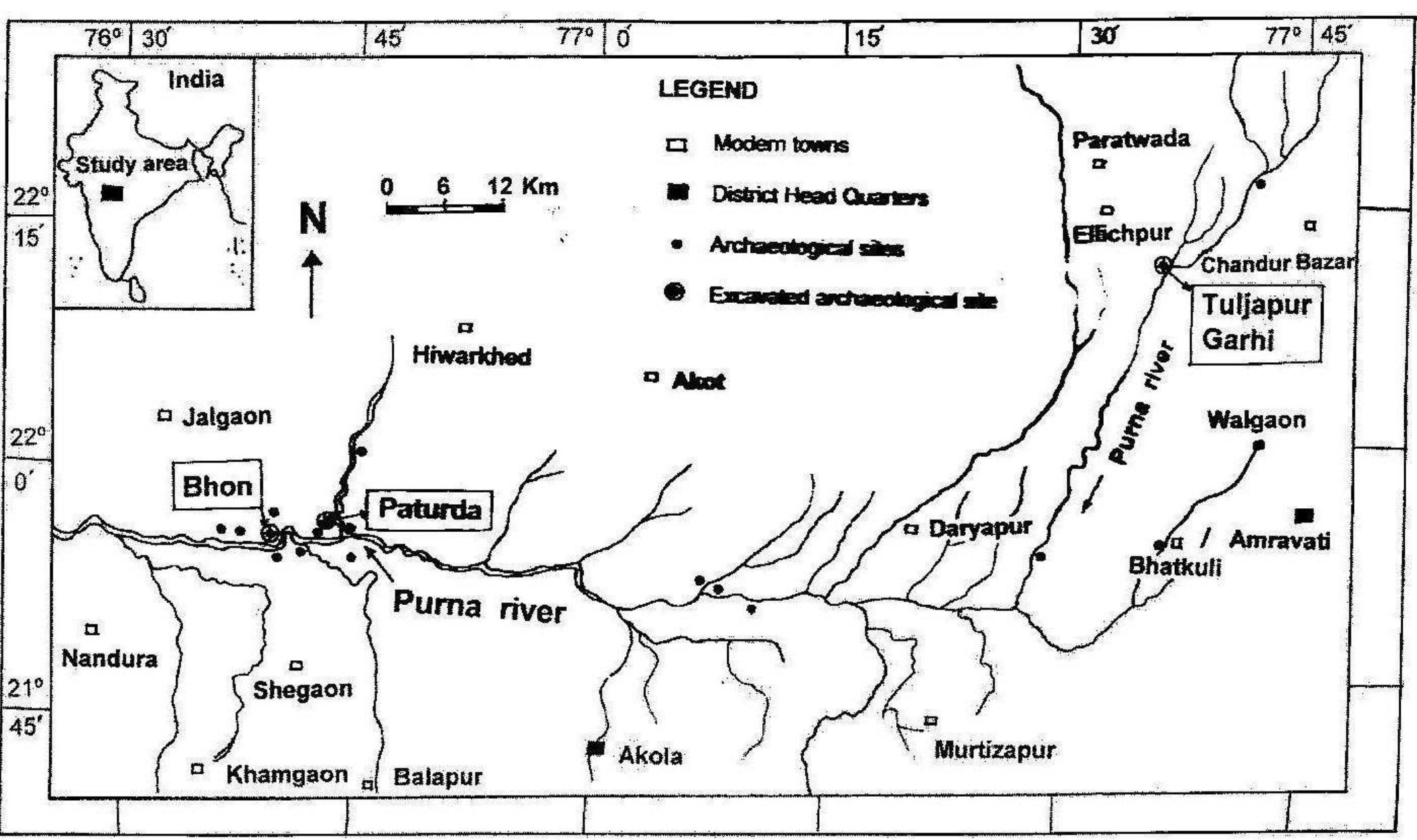 Map of middle purna basin showing sites of bhon and paturda