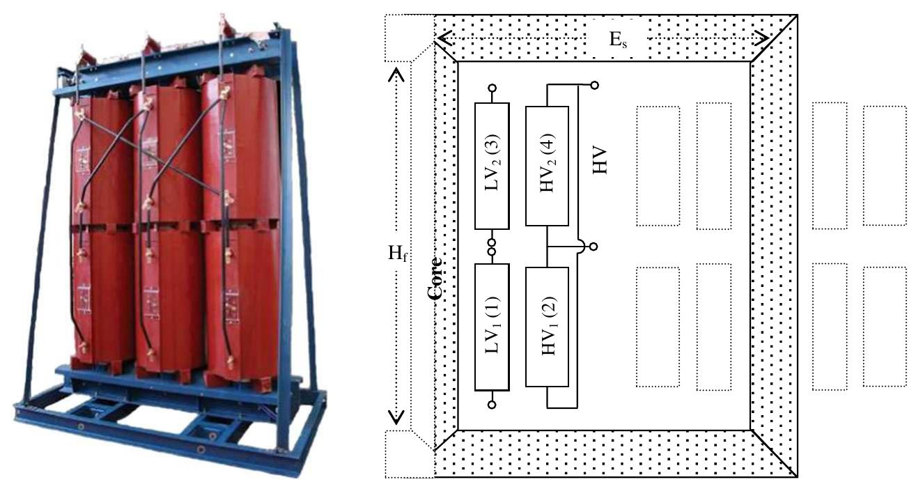 Traction transformer with four split windings.