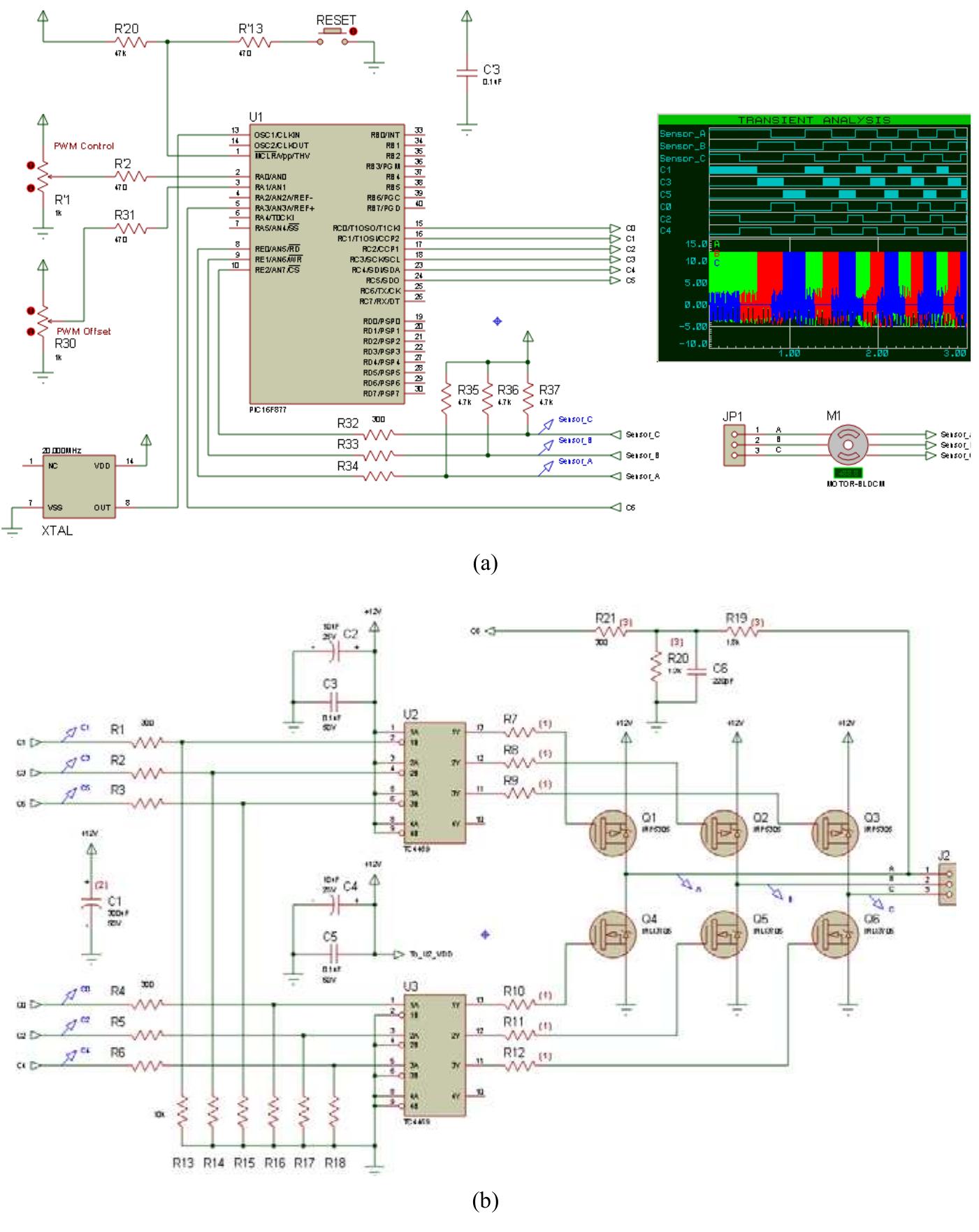 Shows the schematic circuit of the bldc motor drive system.