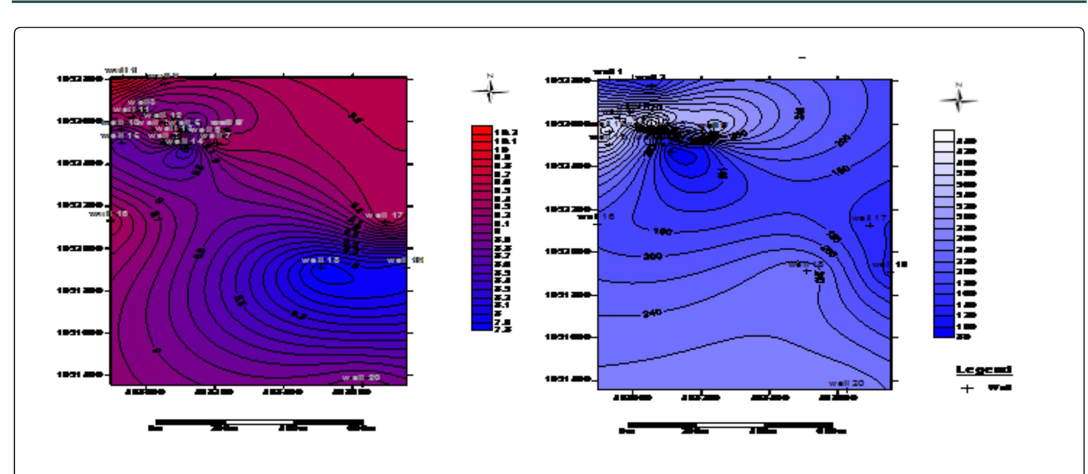 Hydro-geochemical map of (a) ph, (b) conductivity in the