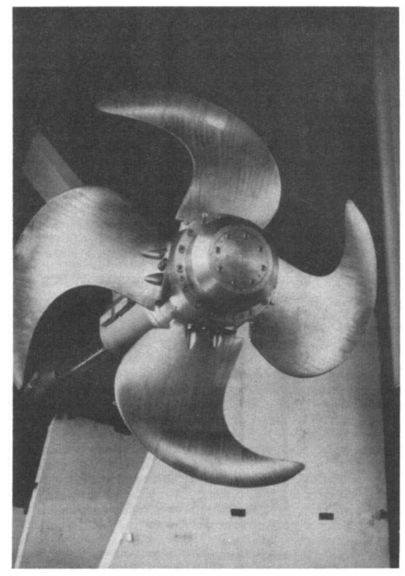 A highly skewed controllable-pitch propeller installed on a
