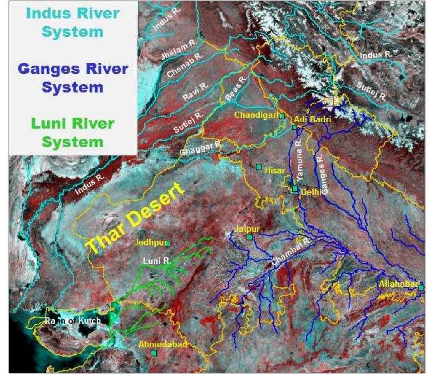 Satellite image showing major drainage systems in nw india