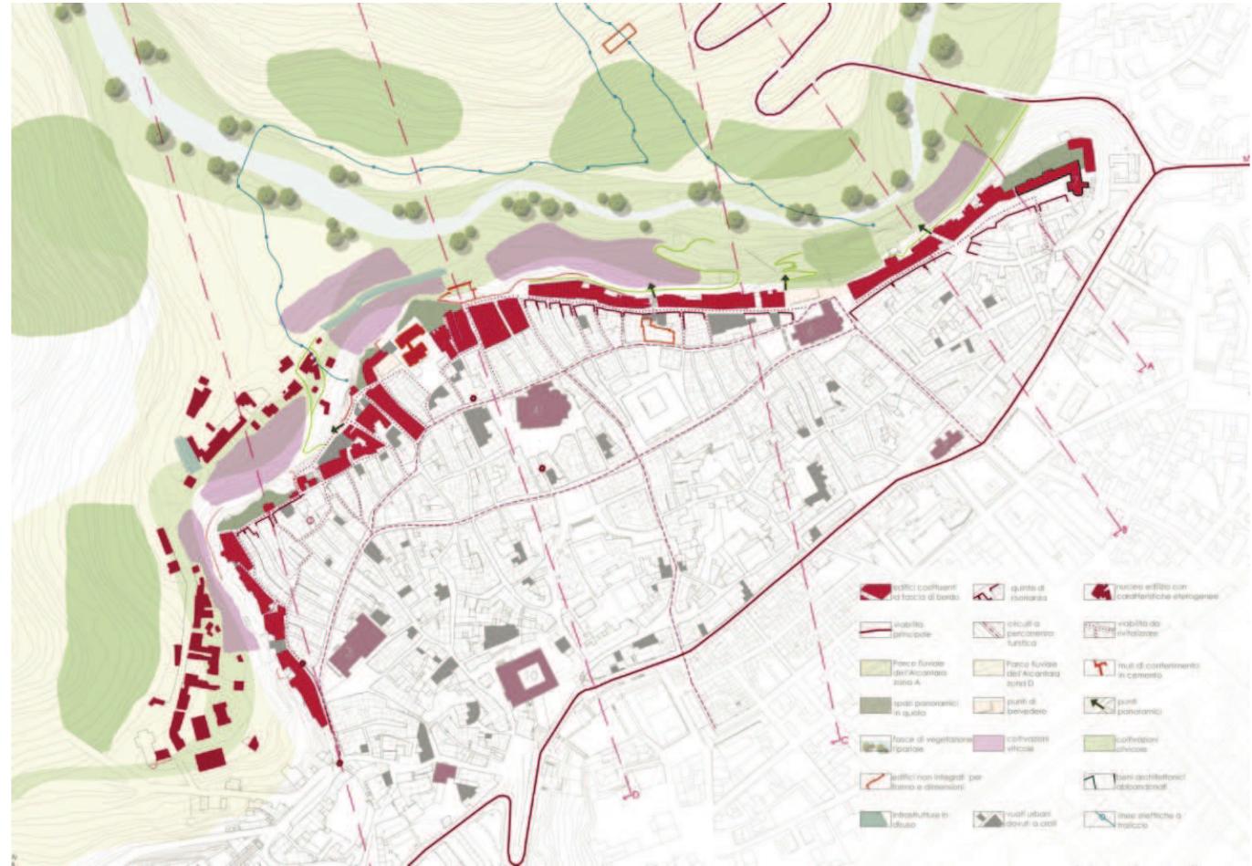 Plan of the historical center with the buildings of the edge