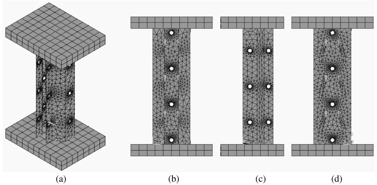 Finite element meshes: (a) isometric view; (b) frontal view;