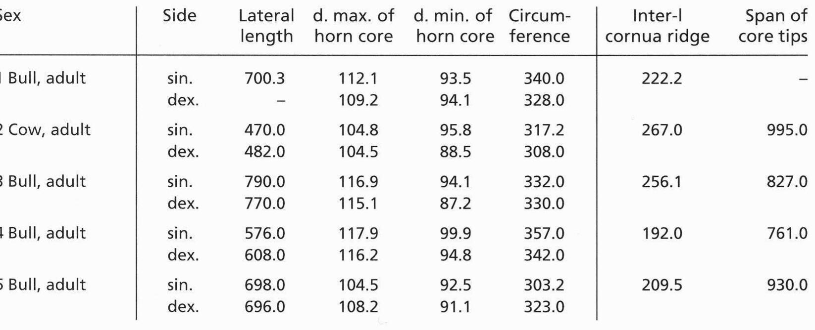 Appendix 1 measurements (mm) of complete horn cores from