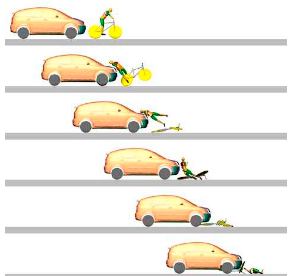 Loading phase on the hood and the vaulting of the cyclist.