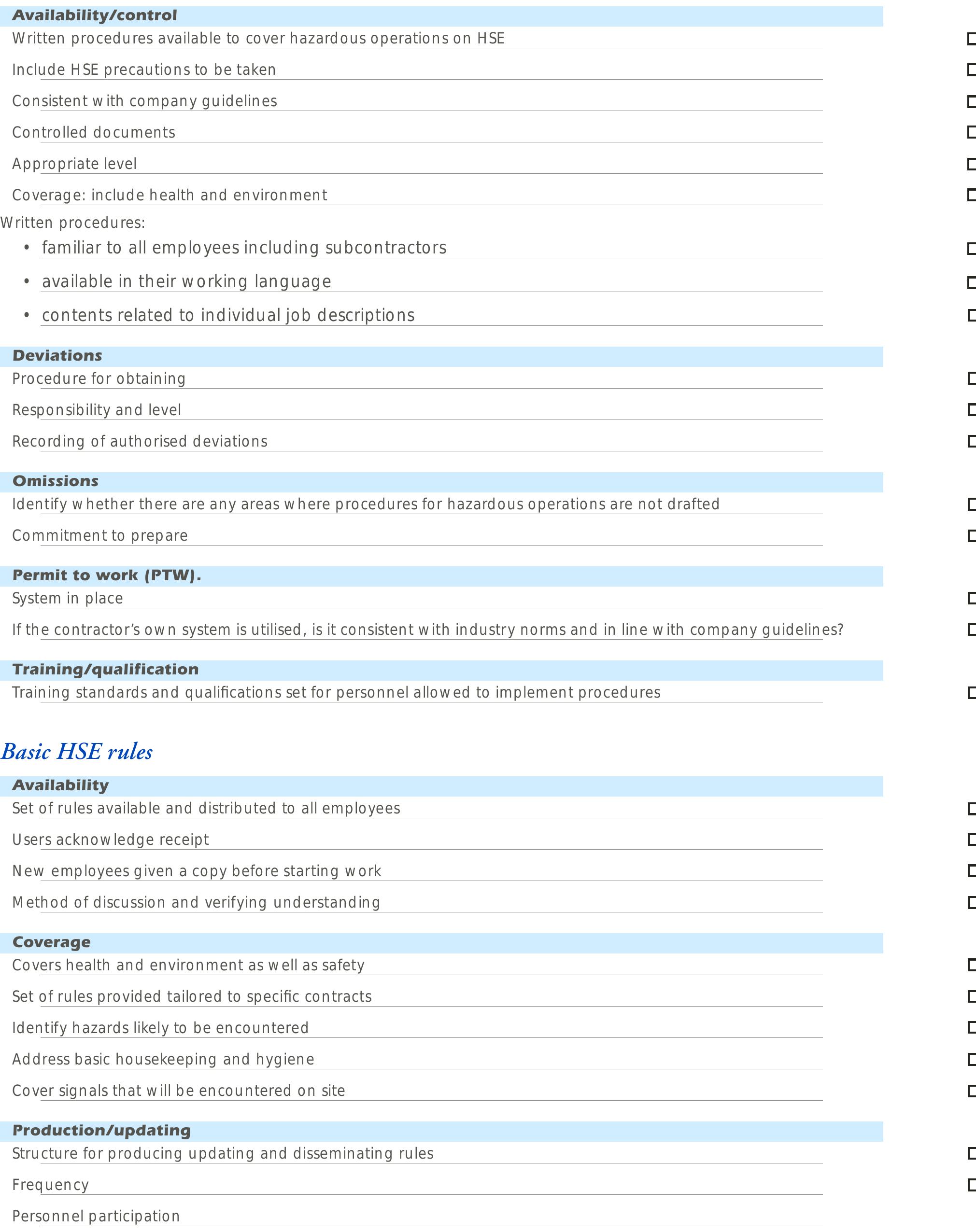 V.5 checklist for hse plan: section 5 planning and