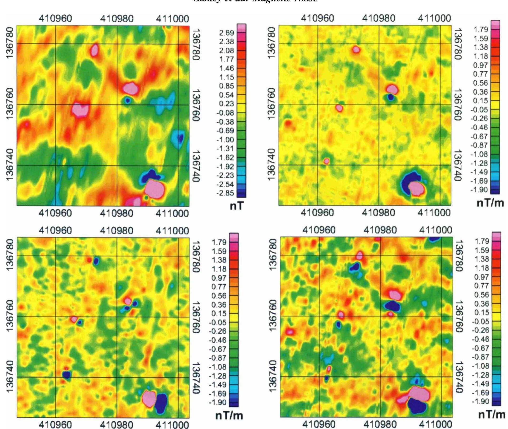 Contour maps of total field (top-left), vertical gradient
