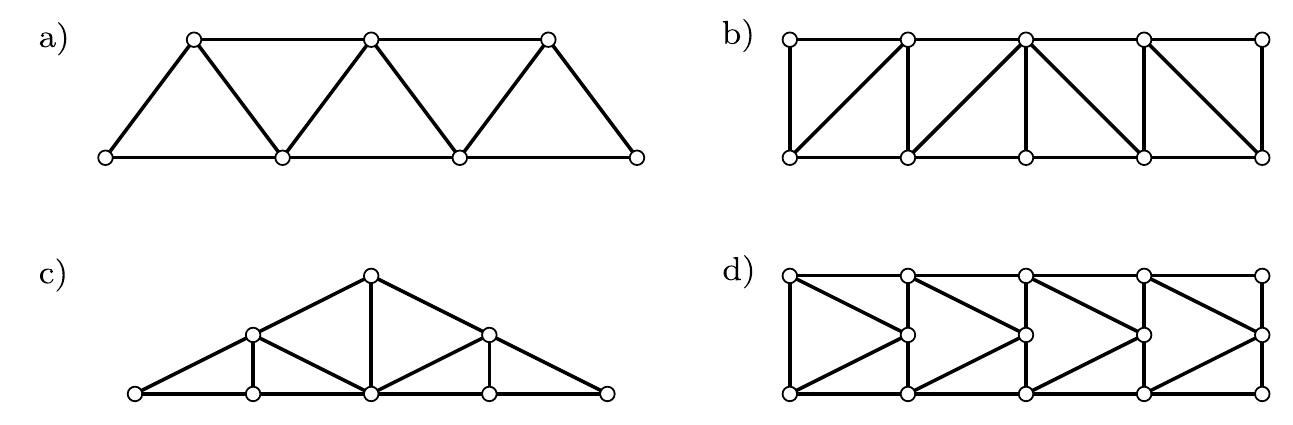 4: a) v-truss, b) n-truss, c) roof truss, d) k-truss.