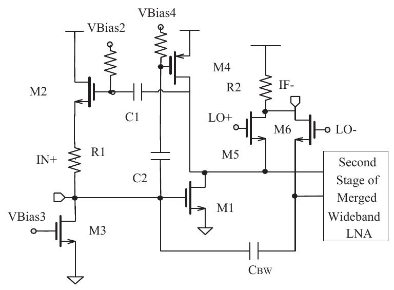 Single ended schematic of merged wideband lna and mixer