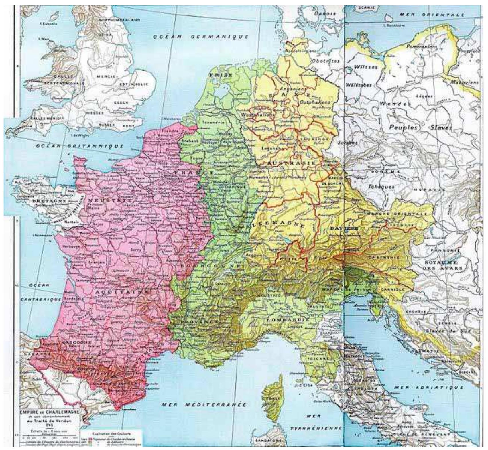A map of the frankish kingdom after the treaty of verdun in