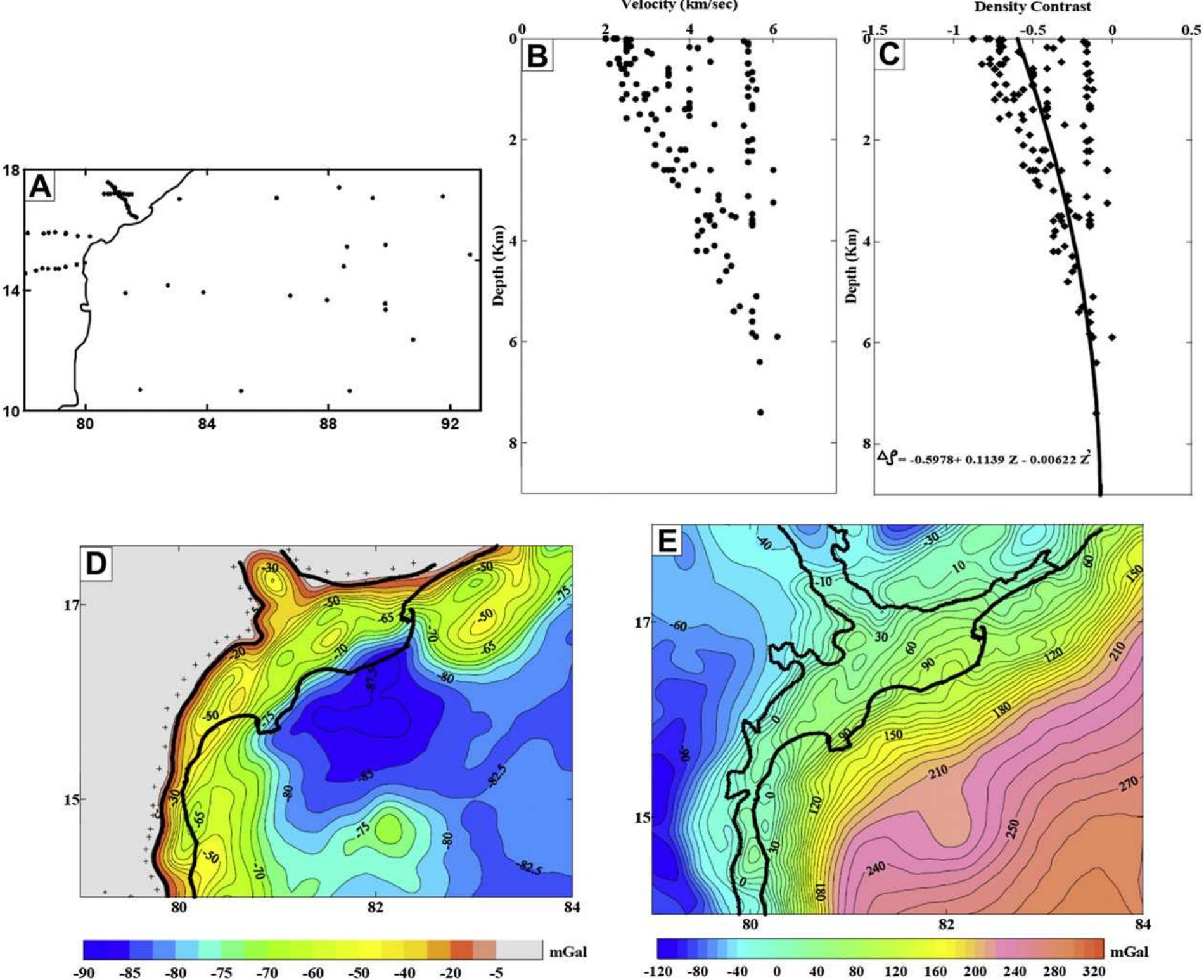 A) location of the seismic refraction stations (dots)