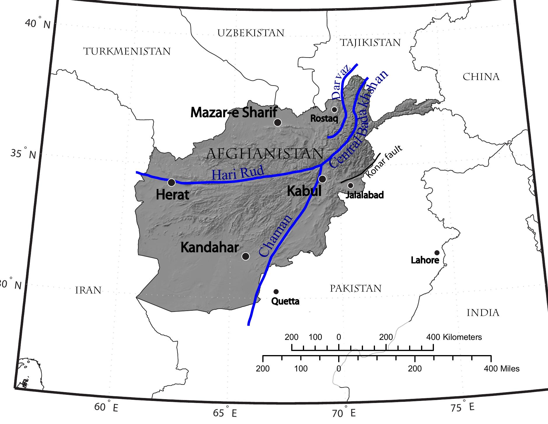 Map of afghanistan showing the locations of modeled fault