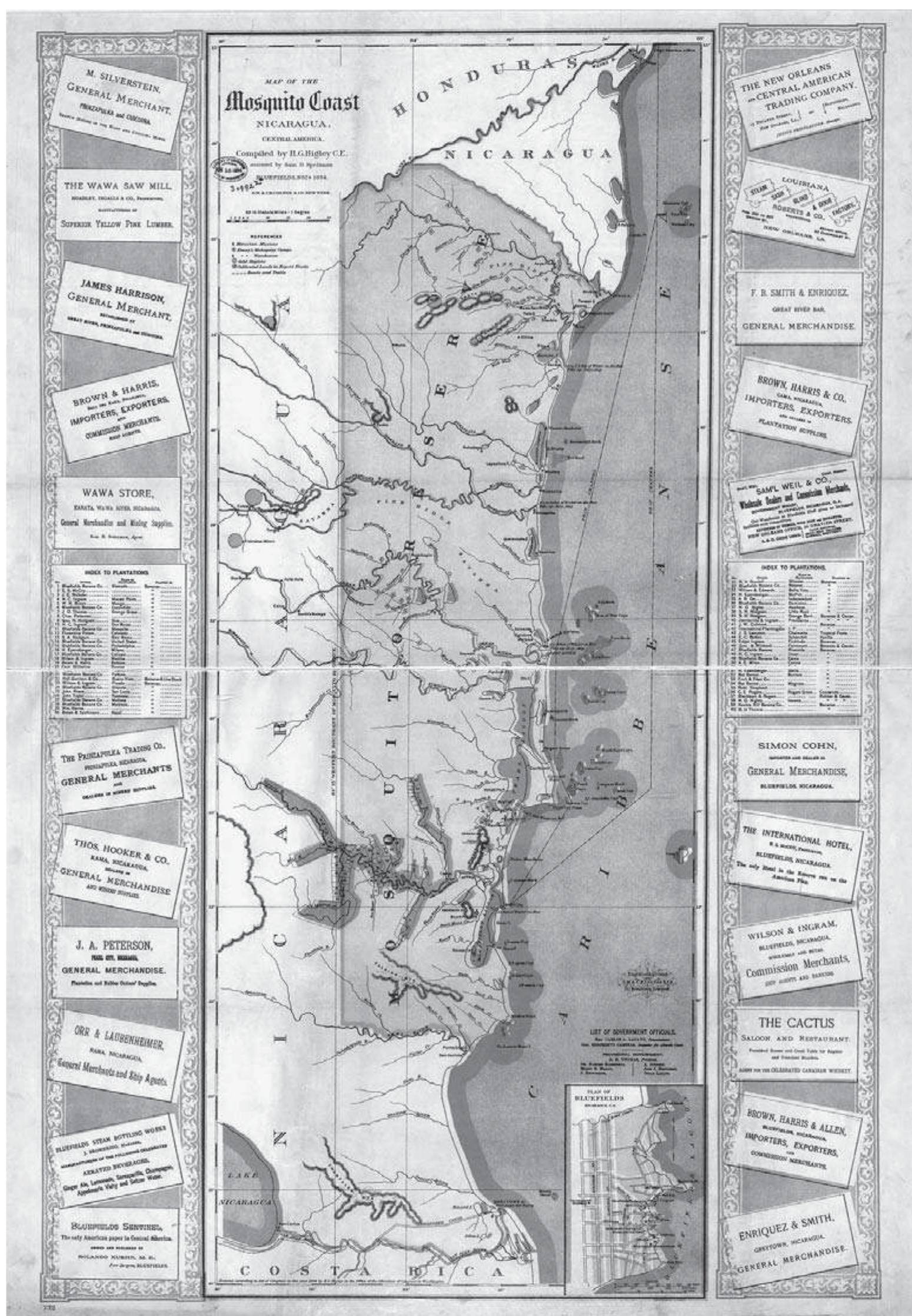 Map of the mosquito shore, nicaragua, central america.