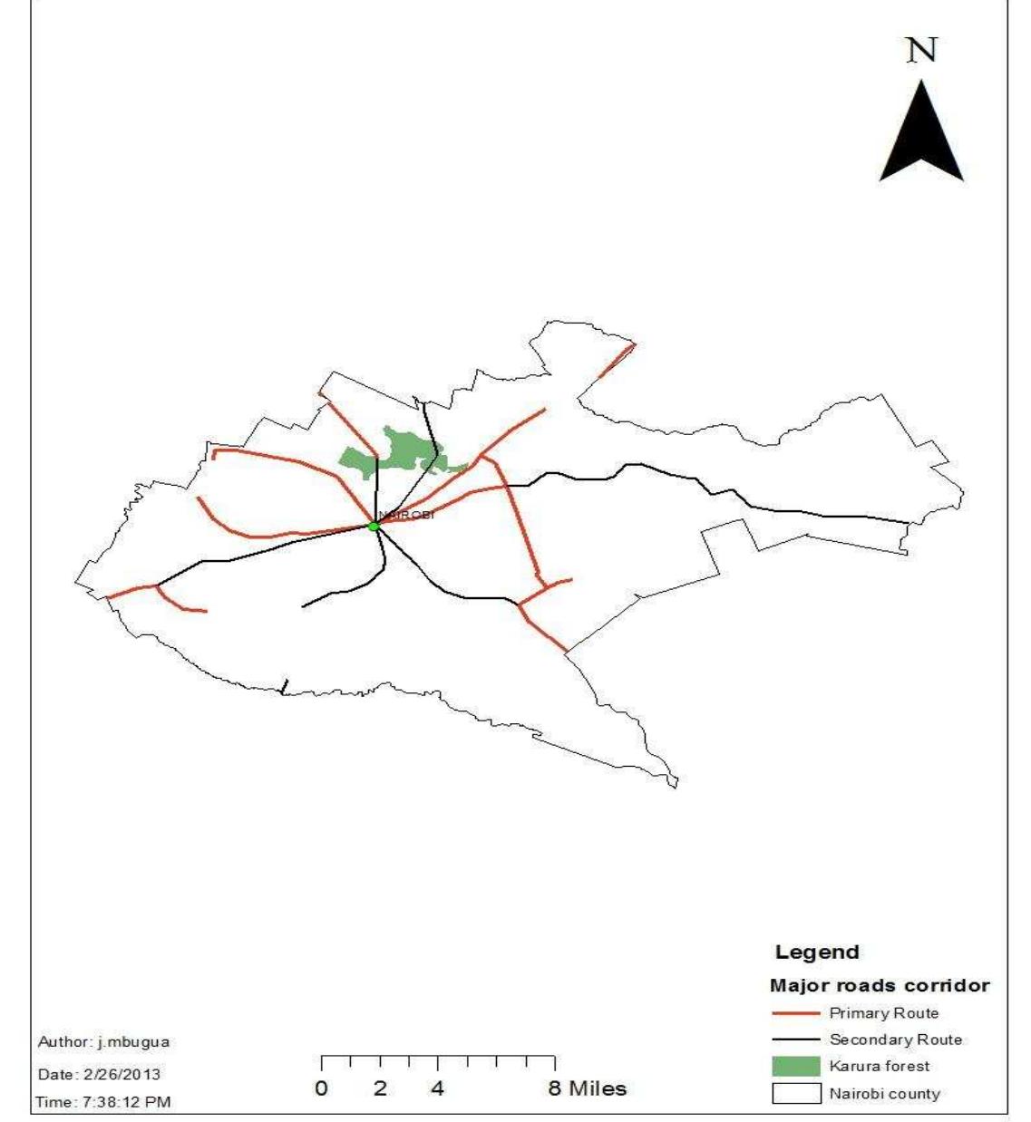 Map showing nairobi road infrastructure cutting across