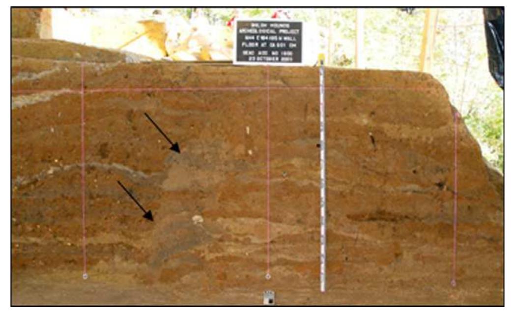 Stacked sod blocks (indicated by arrows) along one of the
