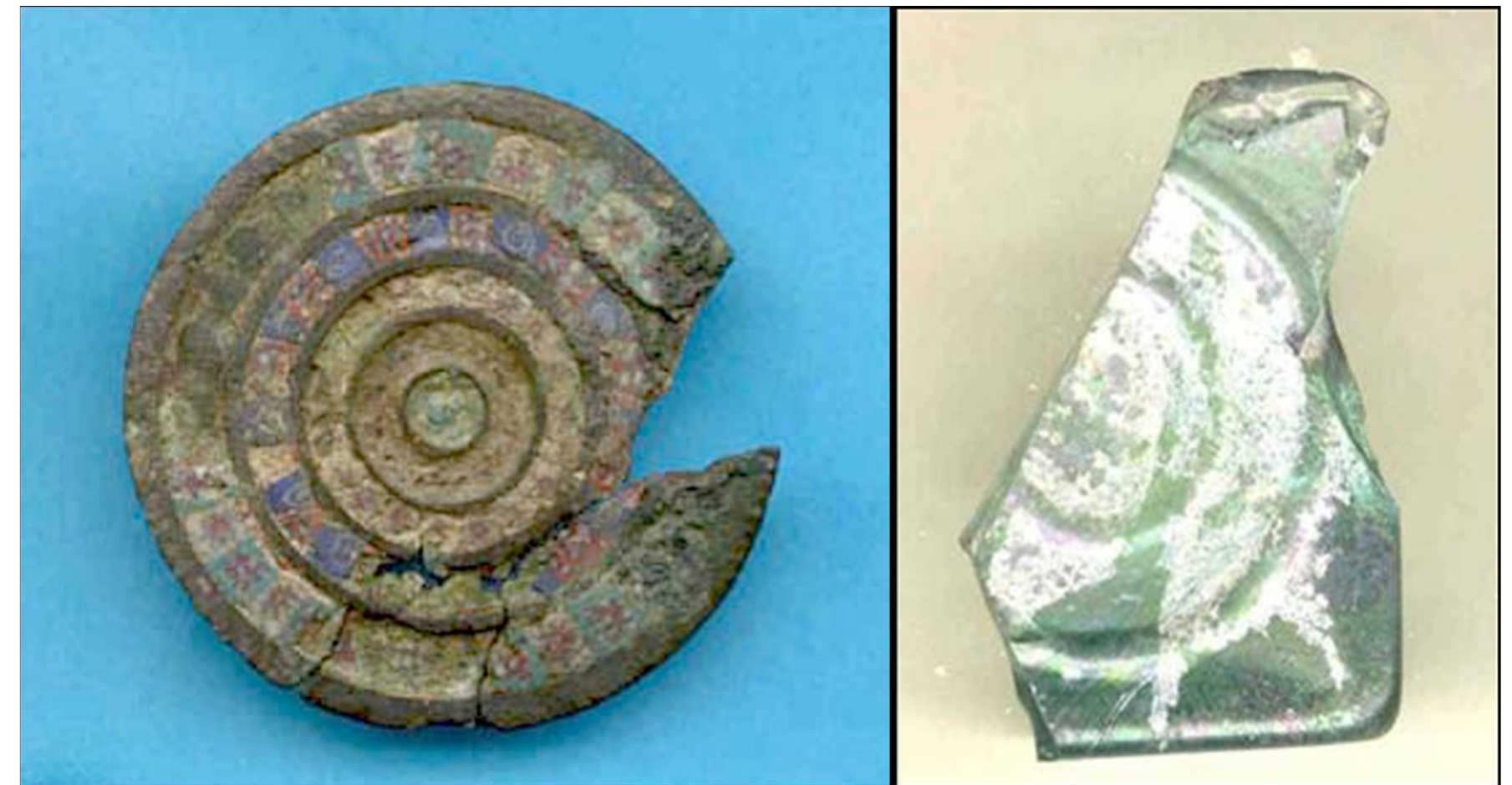 trial artifacts, the enameled disc brooch (left) and the