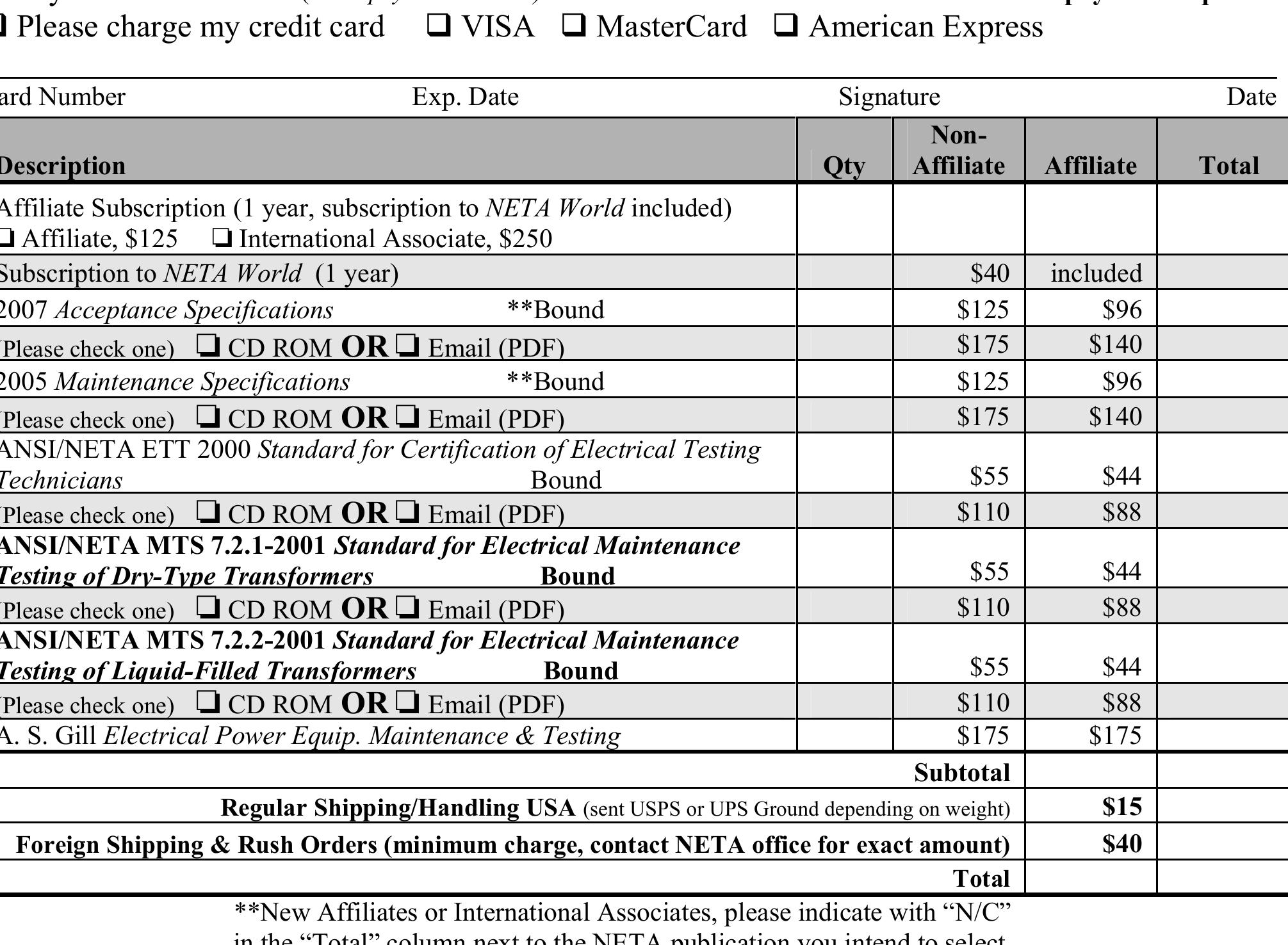 Table 28 - Acceptance Testing Specifications for Electrical