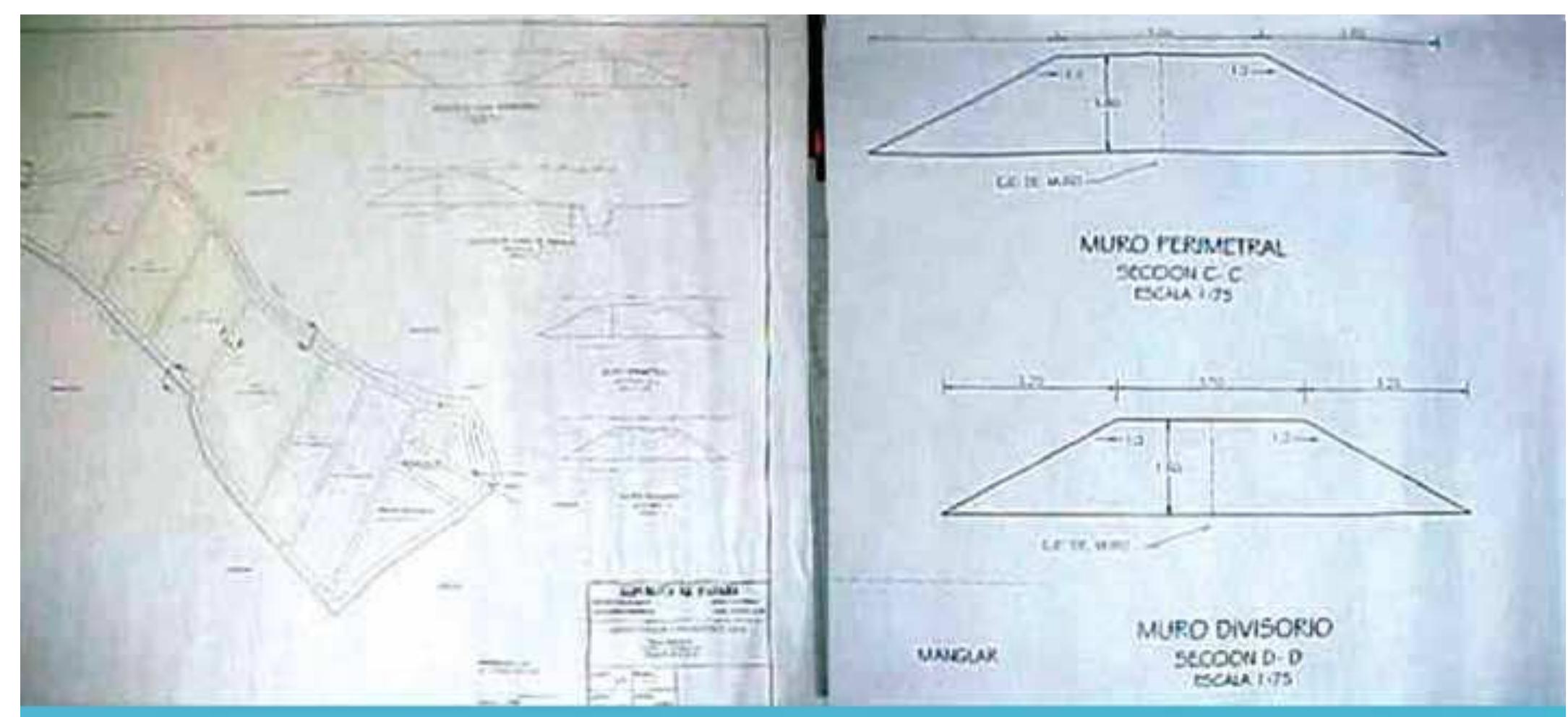 A. design plan of a shrimp farm (left) and cross sections of
