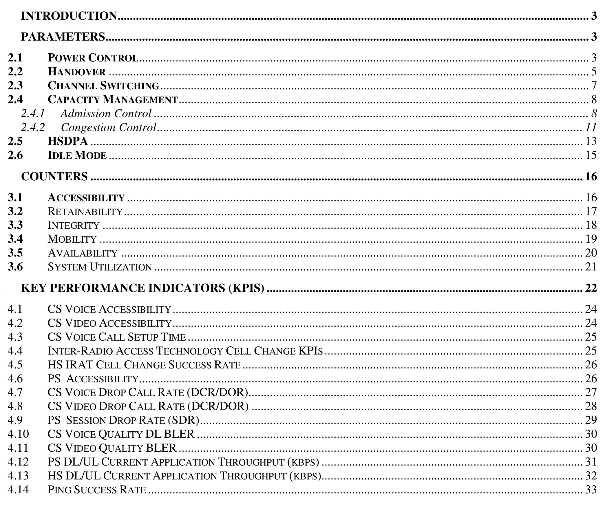 Table 1 - Basic Parameters, Counters and KPIs Basic