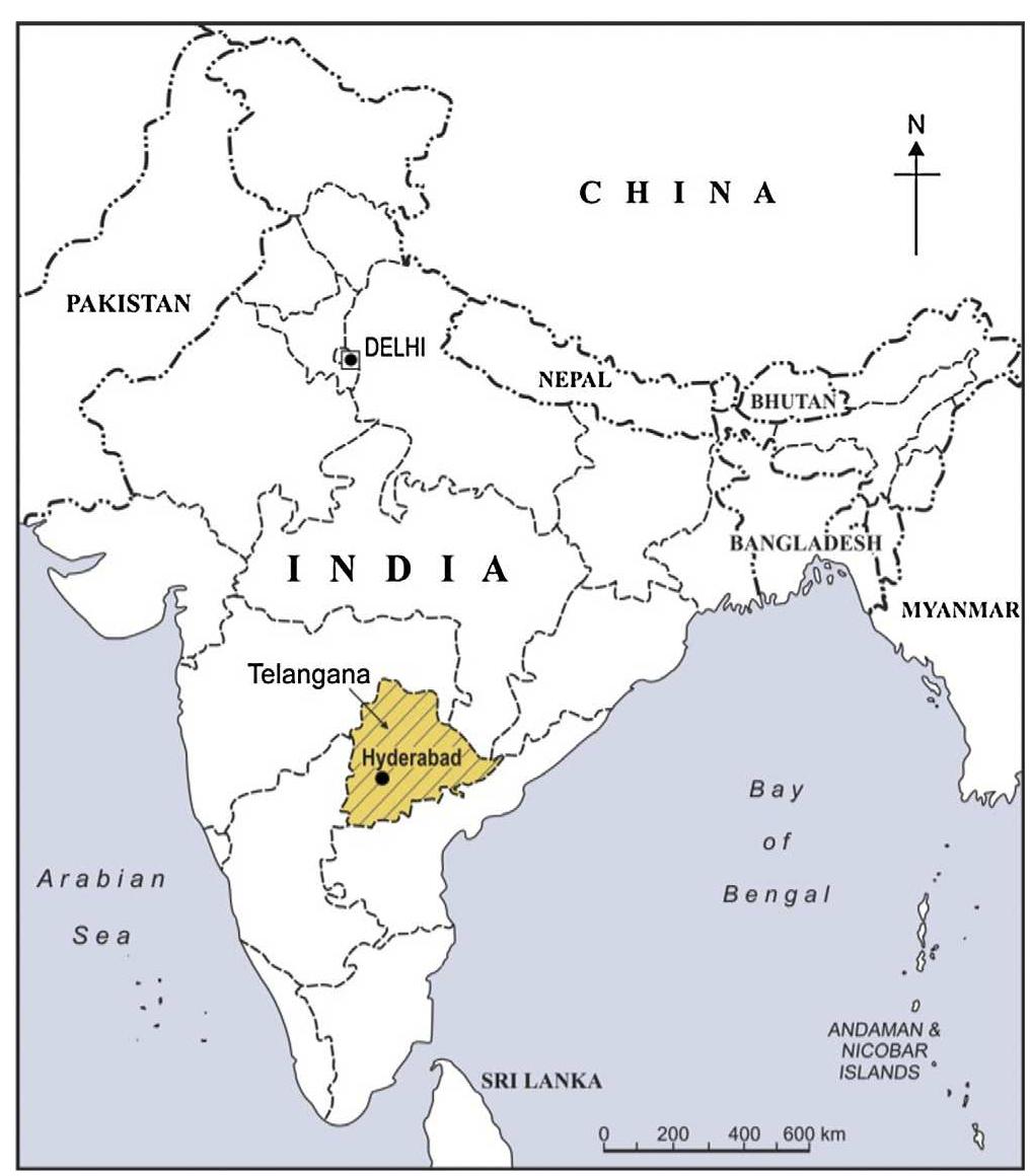 Map of india with location of telangana and hyderabad. in