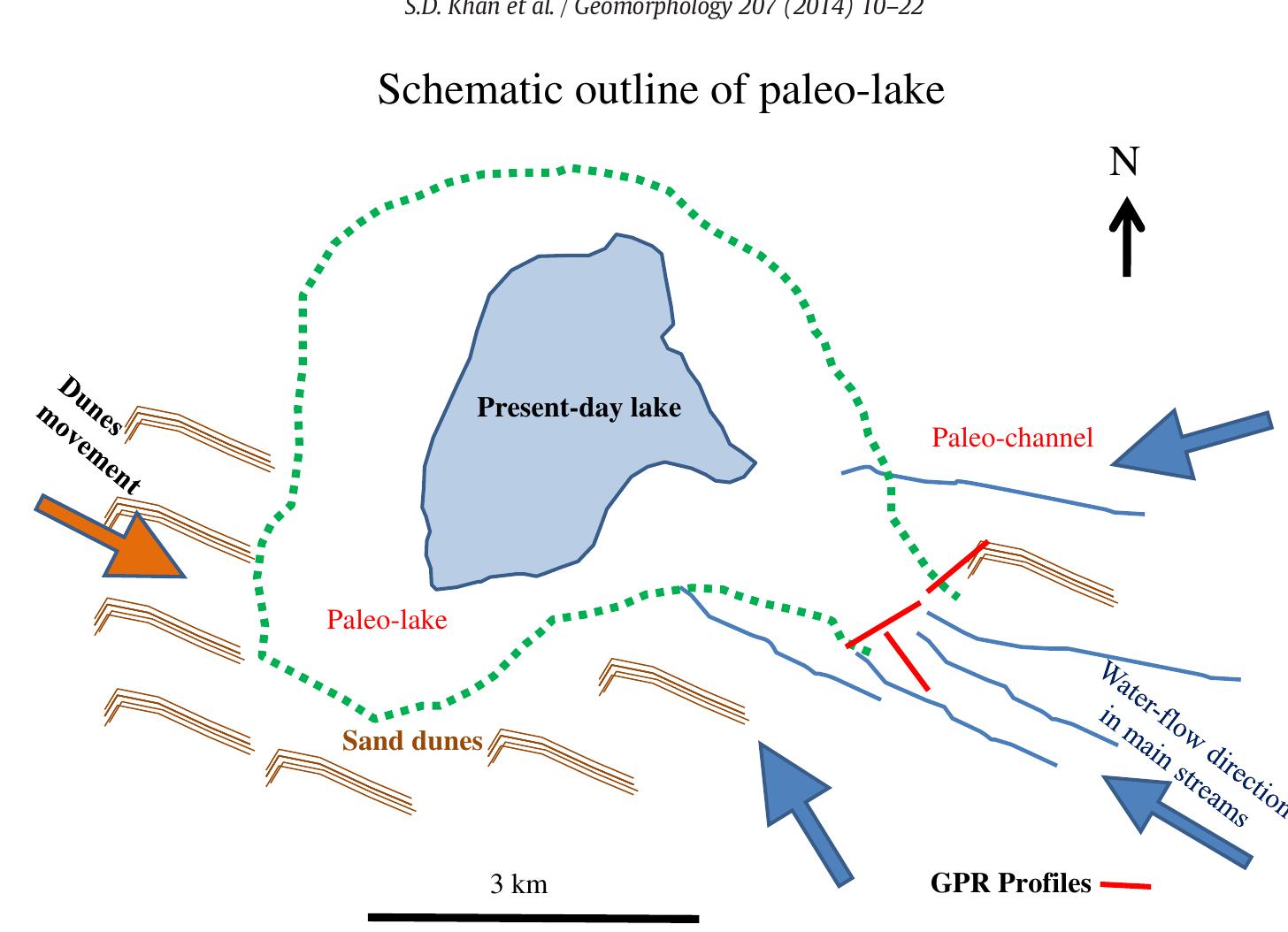 Schematic map showing outline of the paleo-lake with braided