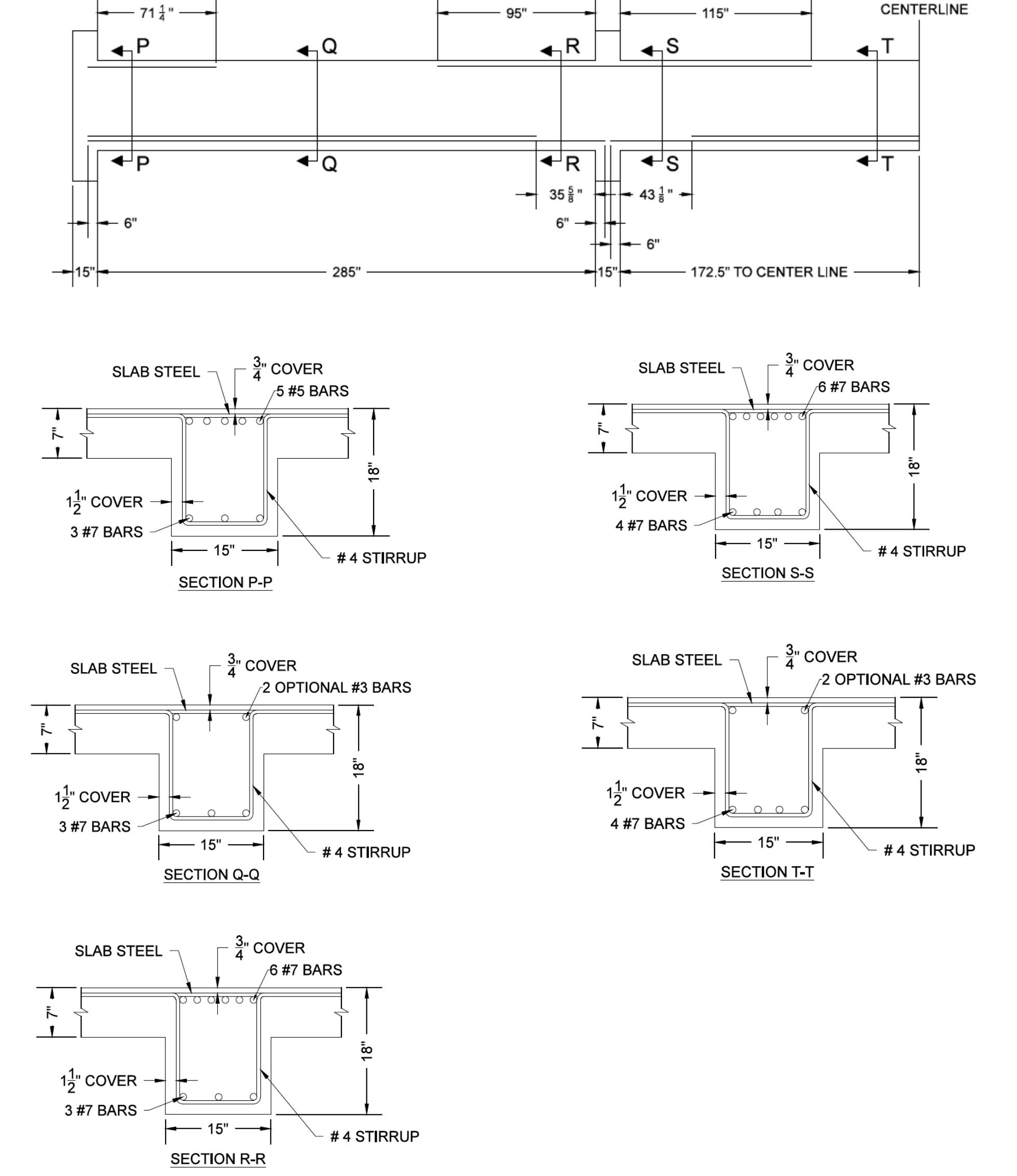 A10: roof t-beam reinforcing elevation and sections for beam