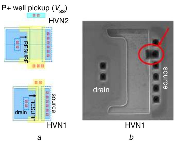 Layout and failure analysis result after +550 v cdm test a