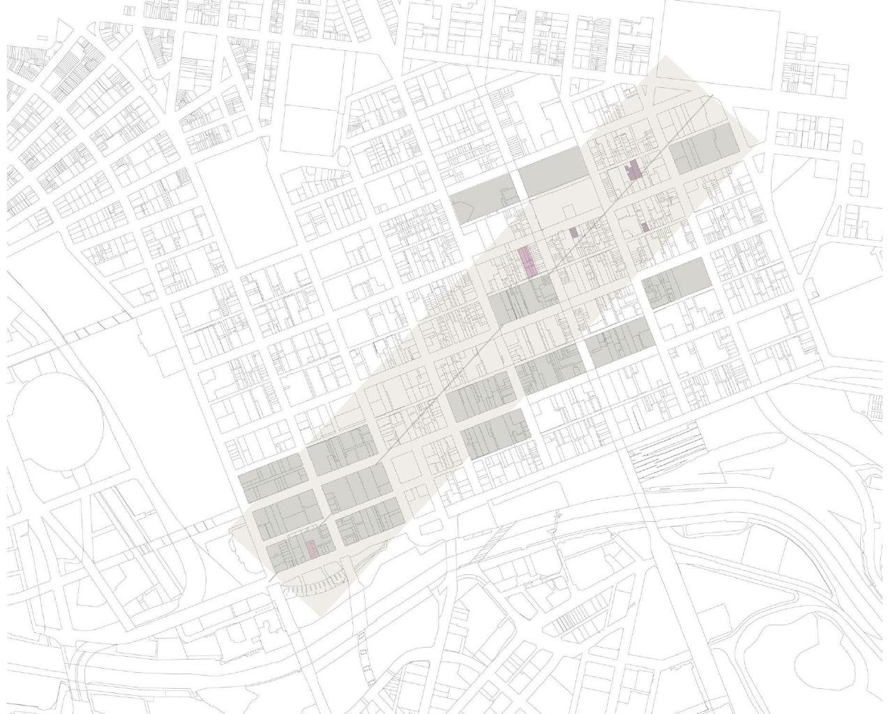Diagonal cross section through melbourne’s cbd (light gray).
