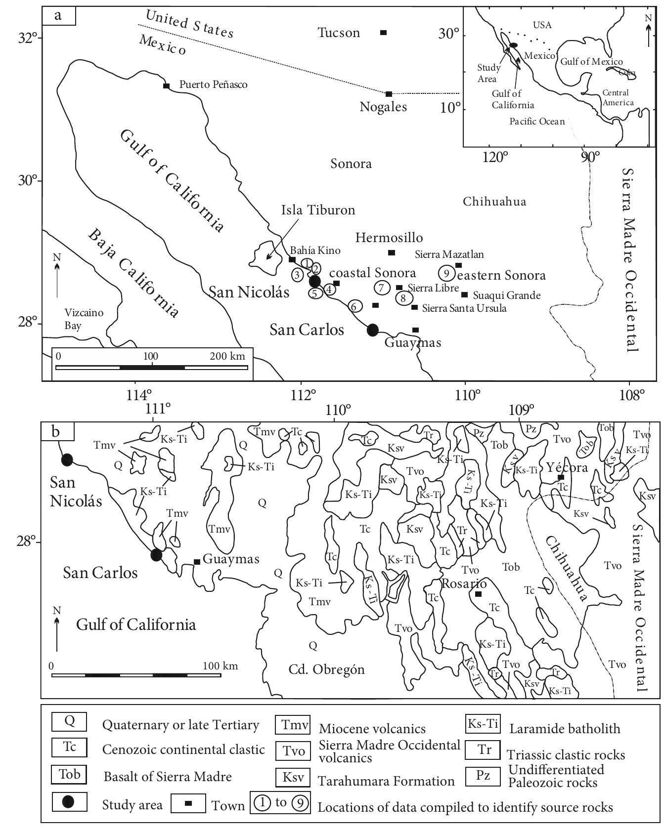 A) map showing study areas and locations of the source areas