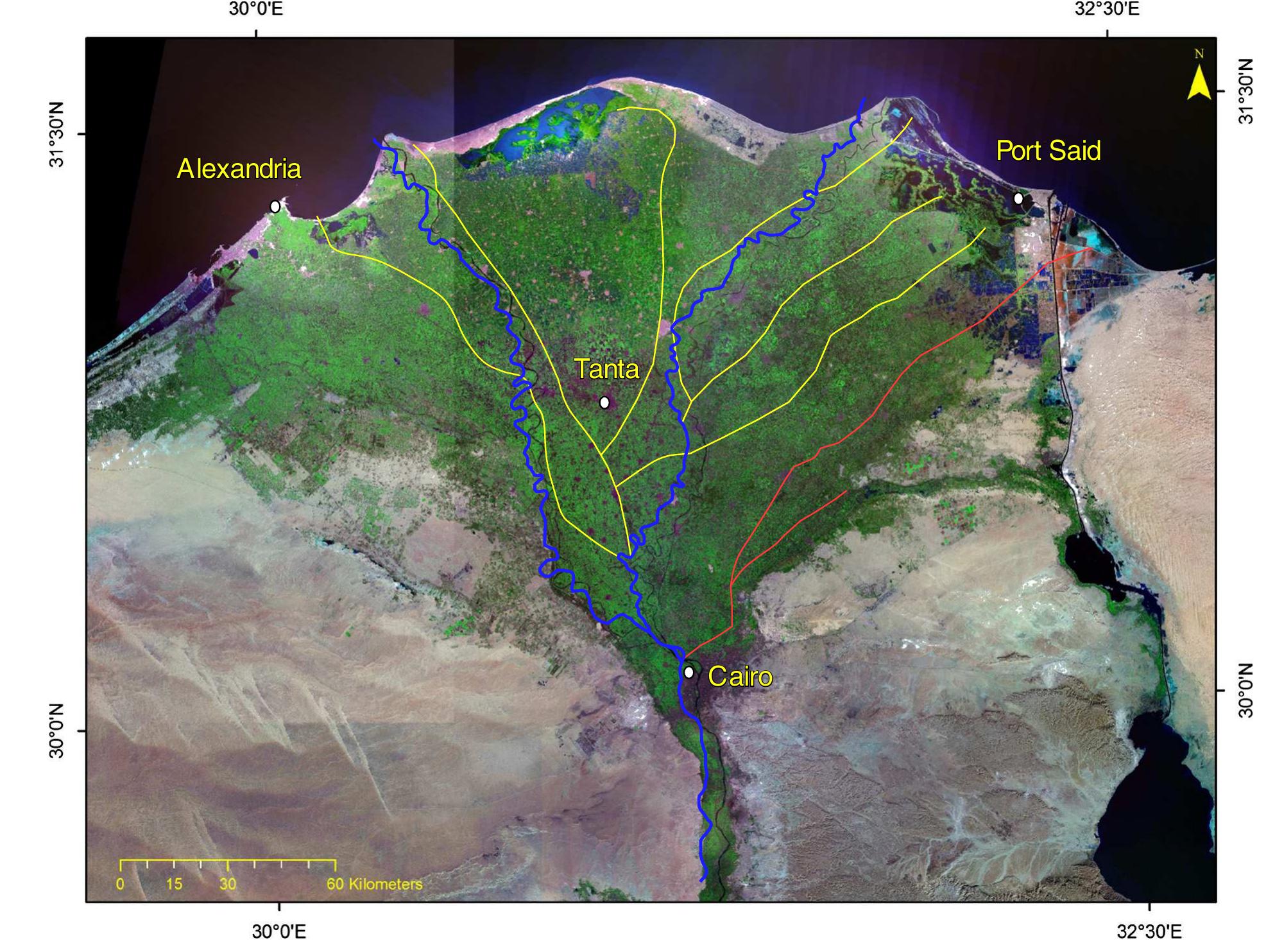 Map of the nile delta showing past and present river
