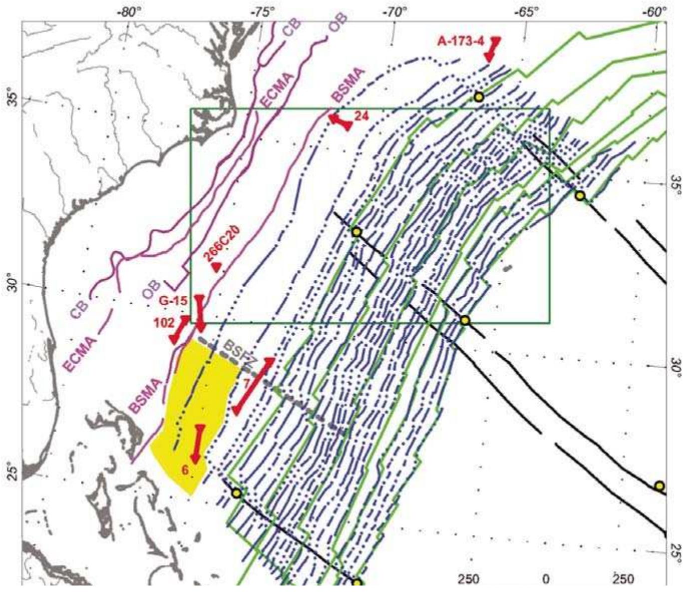 Fracture zones (thick black) and geomagnetic isochrons—north