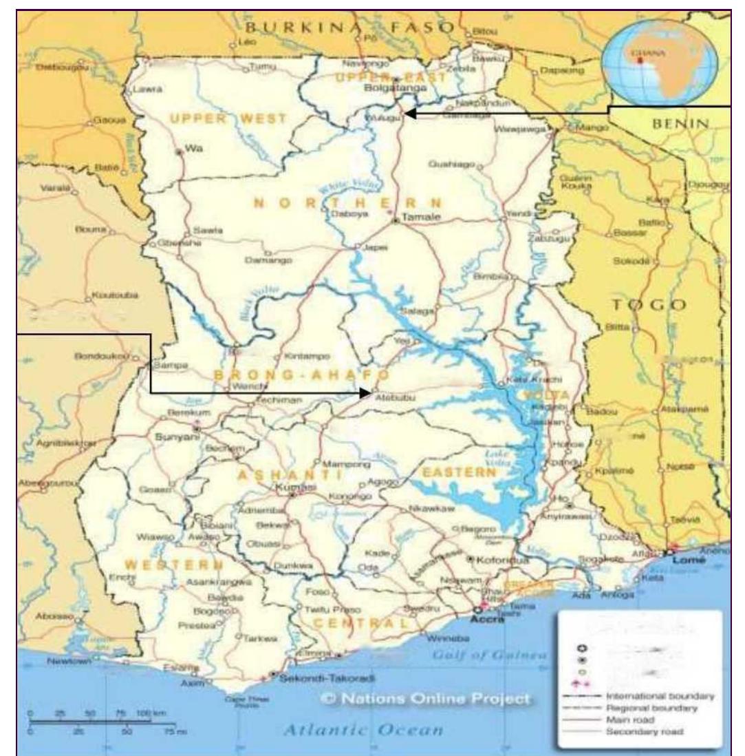 - map of ghana. arrows shows the study areas field