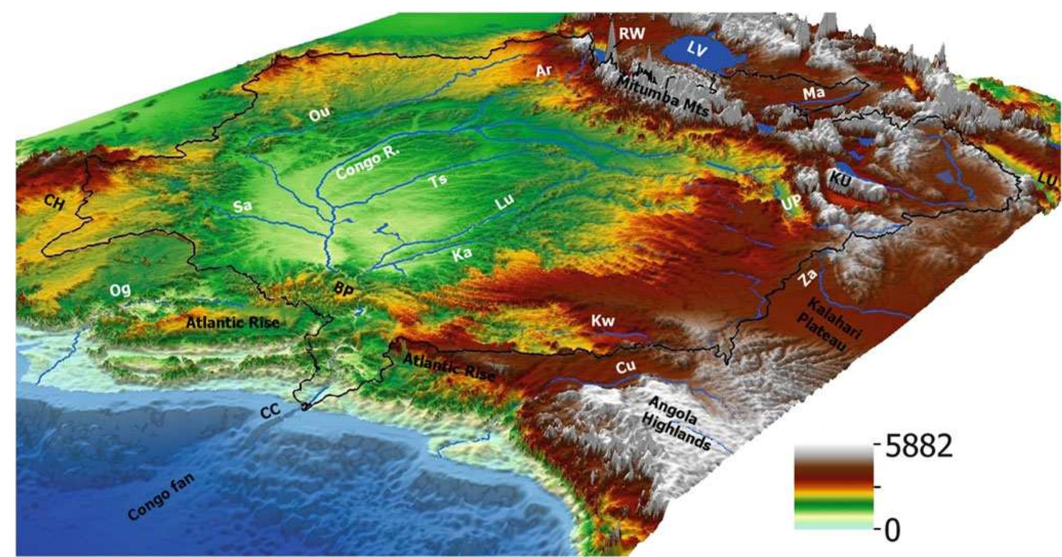 Landforms labelled include—cc congo canyon, ch cameroon