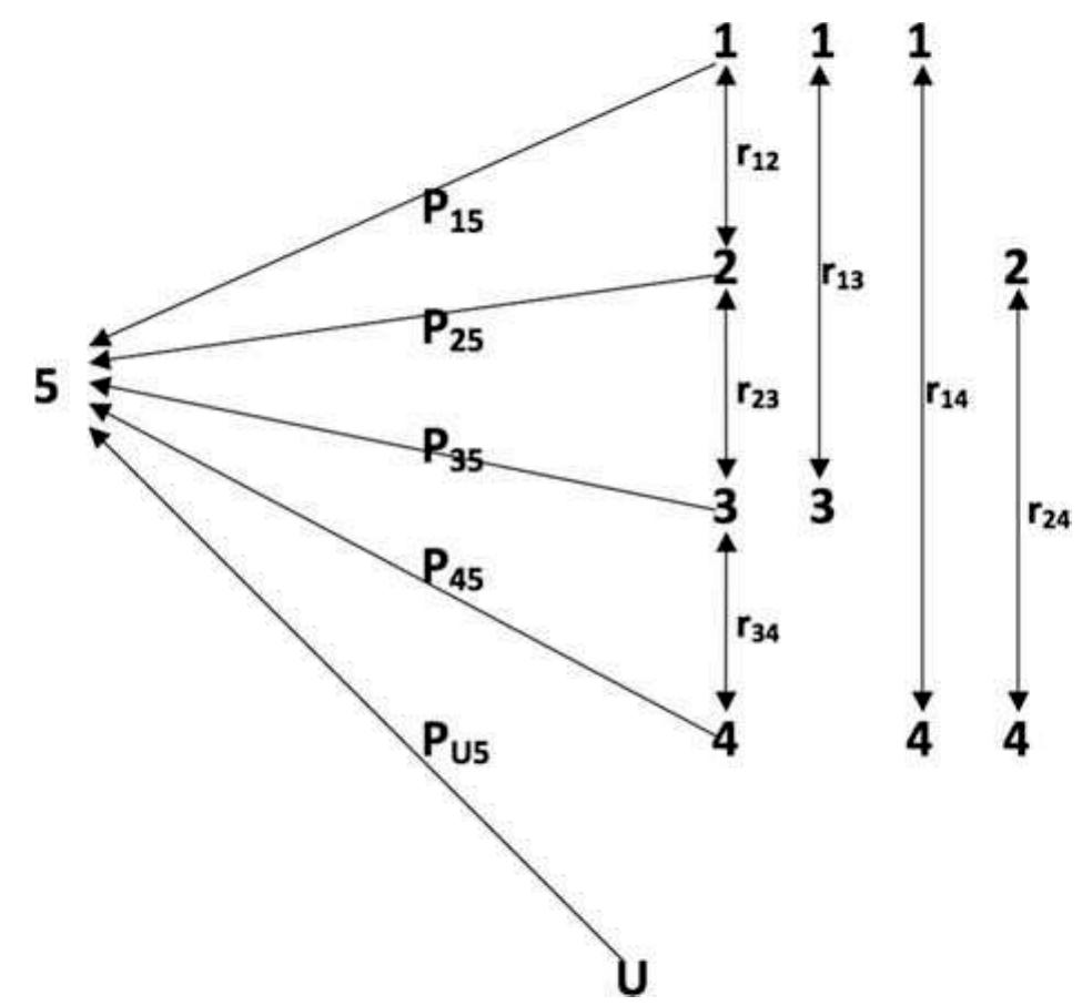 Path diagram showing interrelationships among five traits.