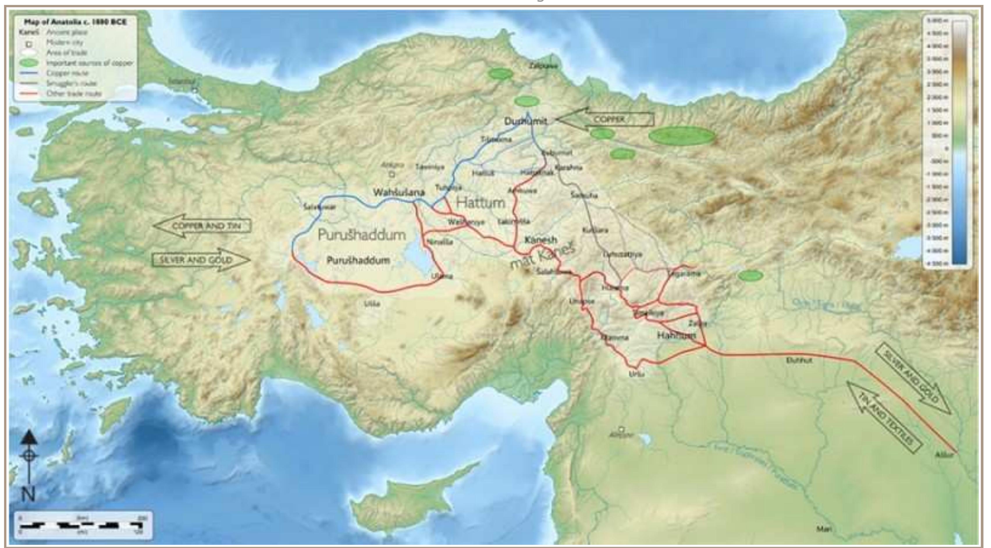 The map of assyrian trading routes and major cities (after