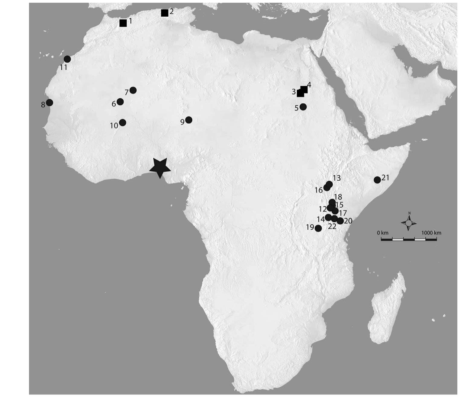 Map of africa showing the location of iwo eleru (star) and