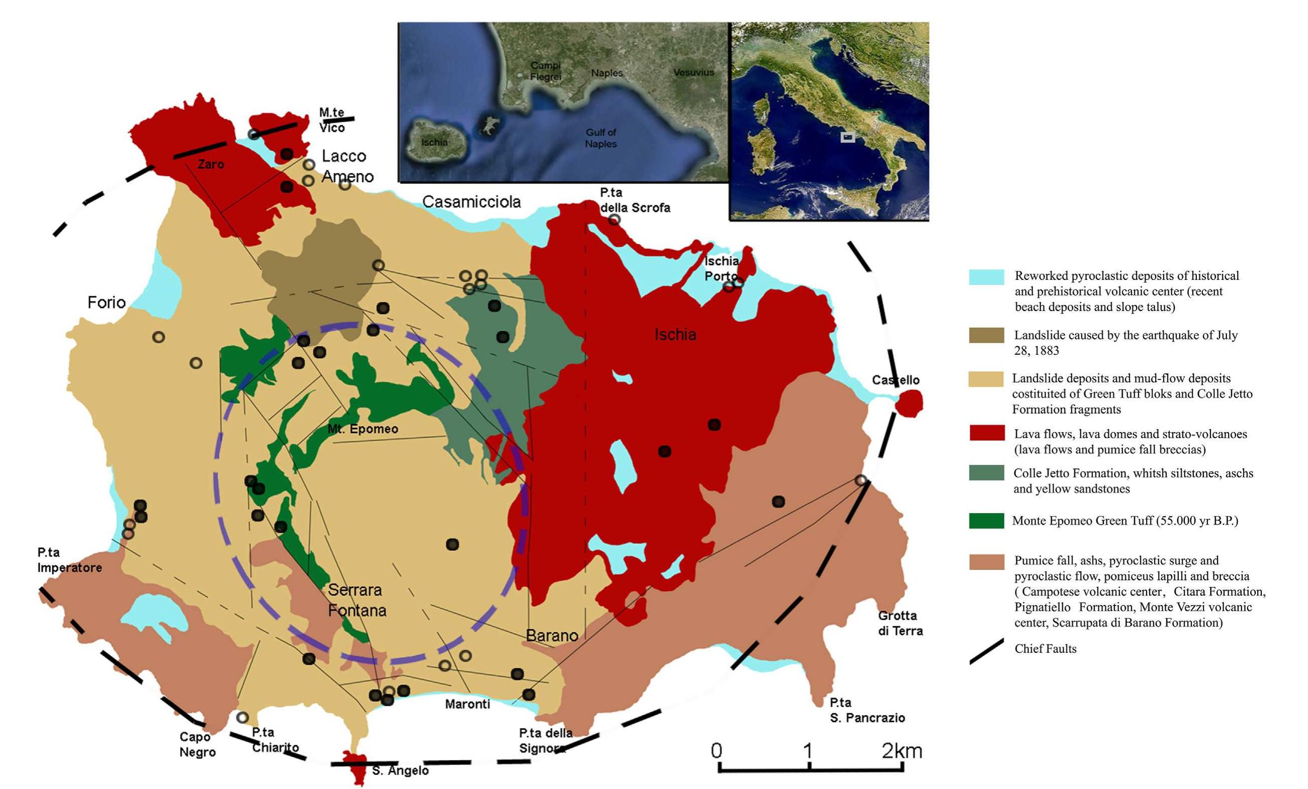Schematic geological map of ischia island. the solid circles
